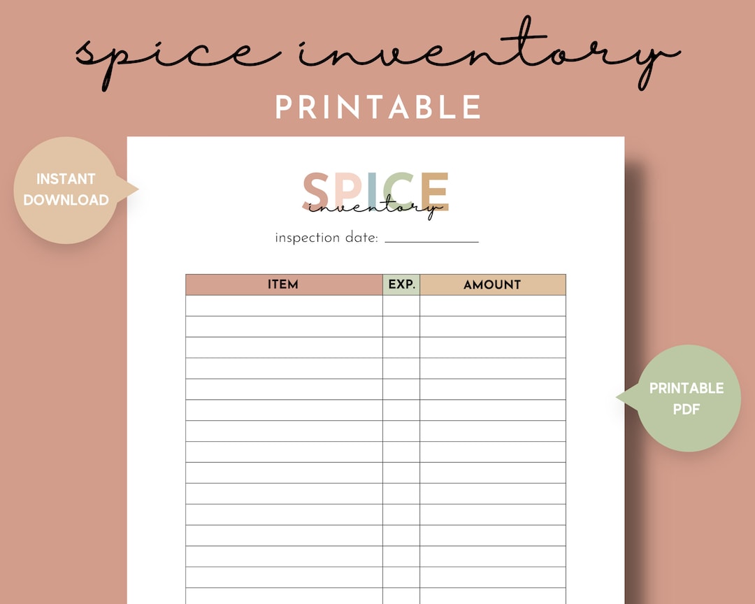 Spice Inventory List Printable, Kitchen Inventory, Food Spices Stock ...