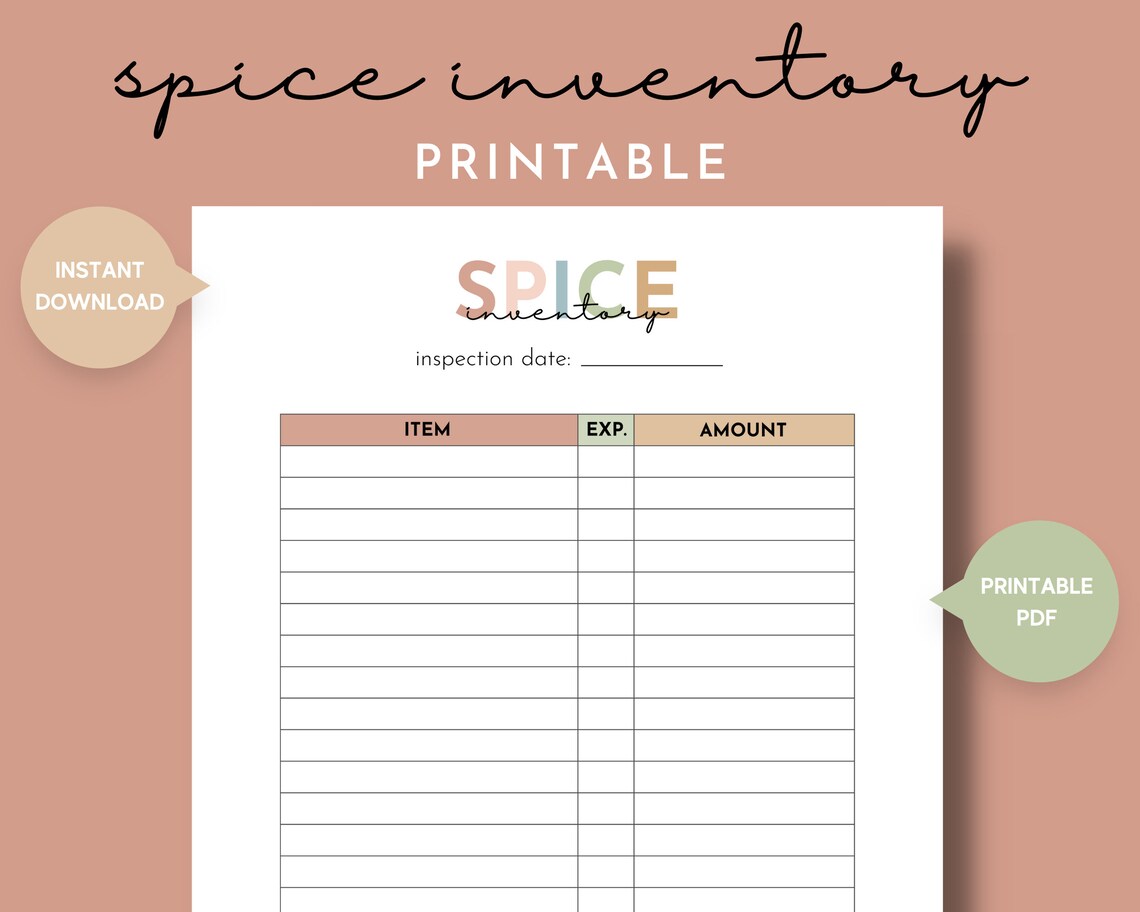 Spice Inventory List Printable, Kitchen Inventory, Food Spices Stock ...