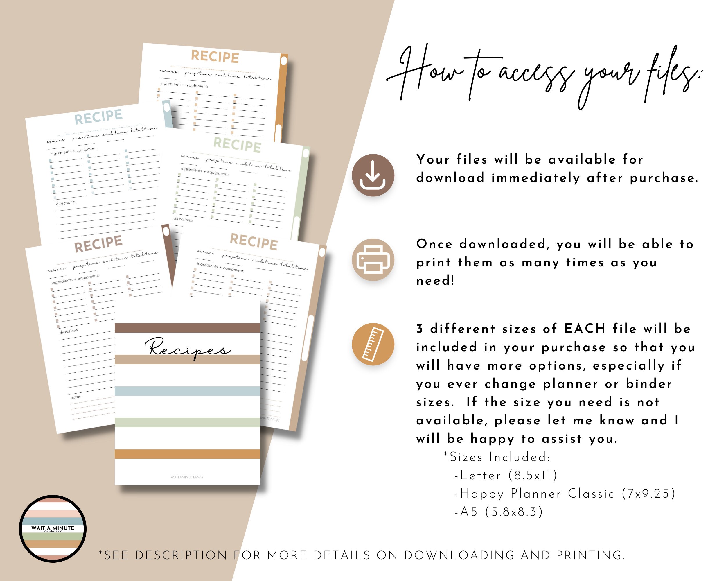 Recipe Pages Neutral Color Palette Printables, Blank Recipe Sheets ...