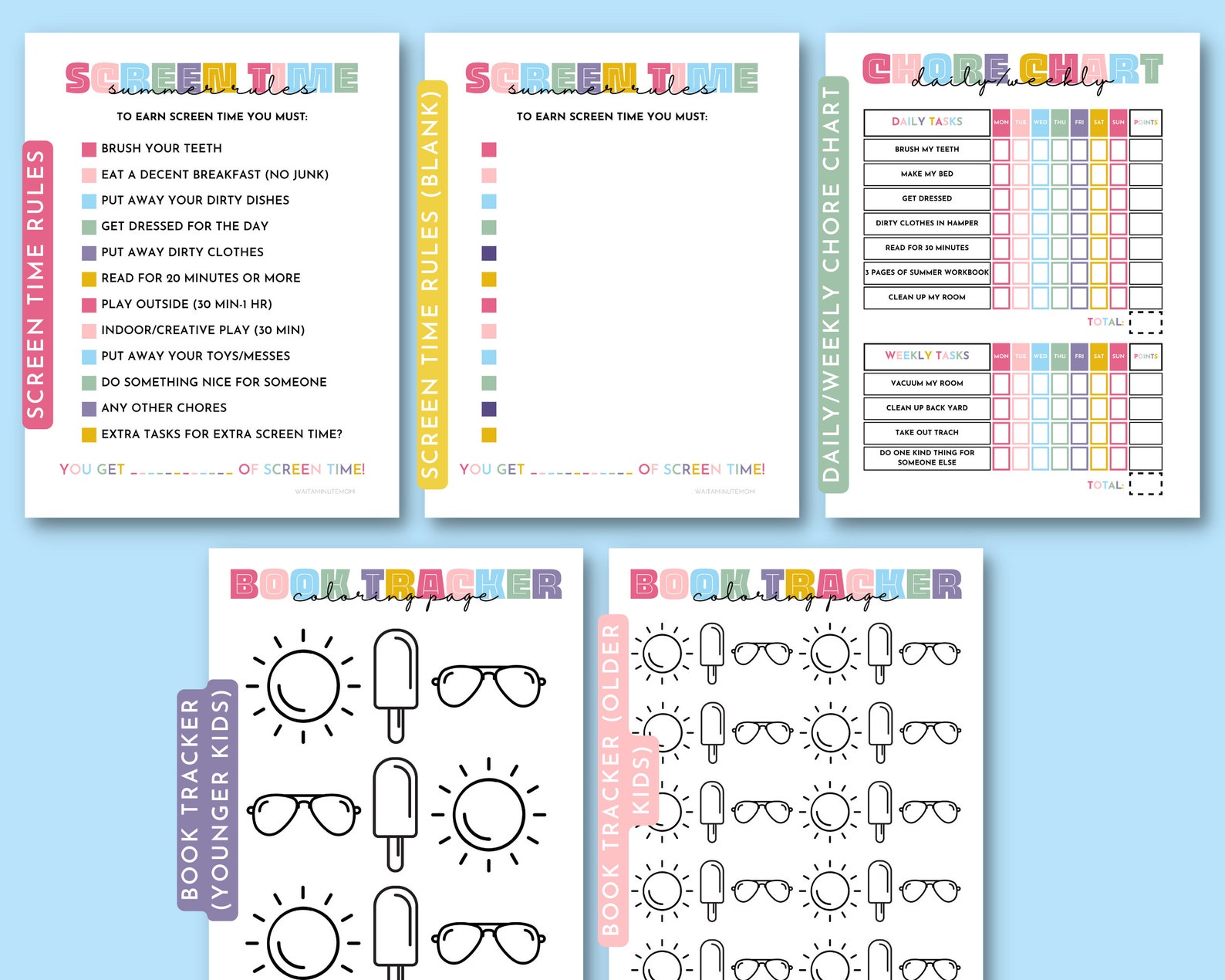 Screen Free Summer for Kids Printables Pack, Screen Time Chore Chart ...