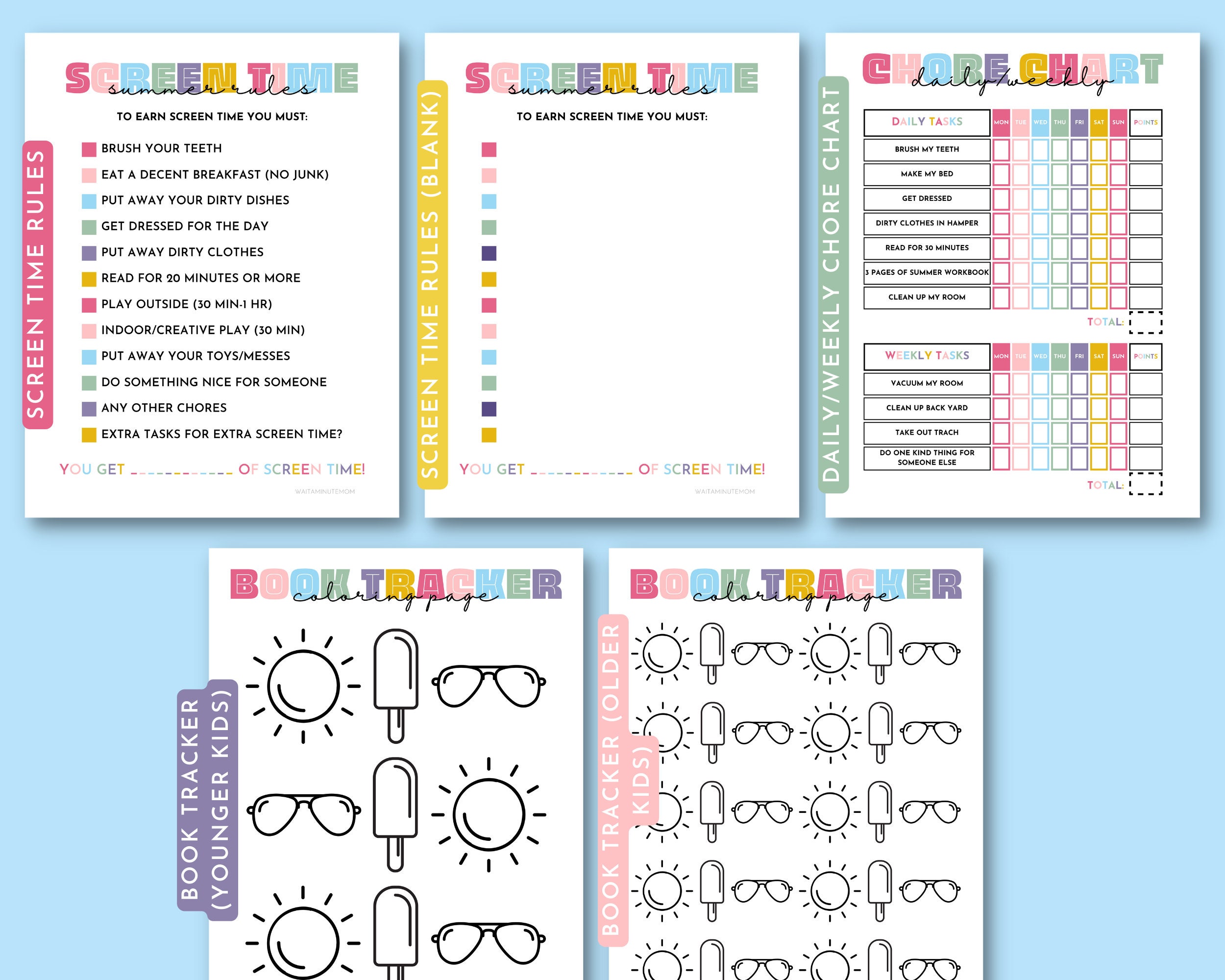 Screen Free Summer for Kids Printables Pack, Screen Time Chore Chart ...