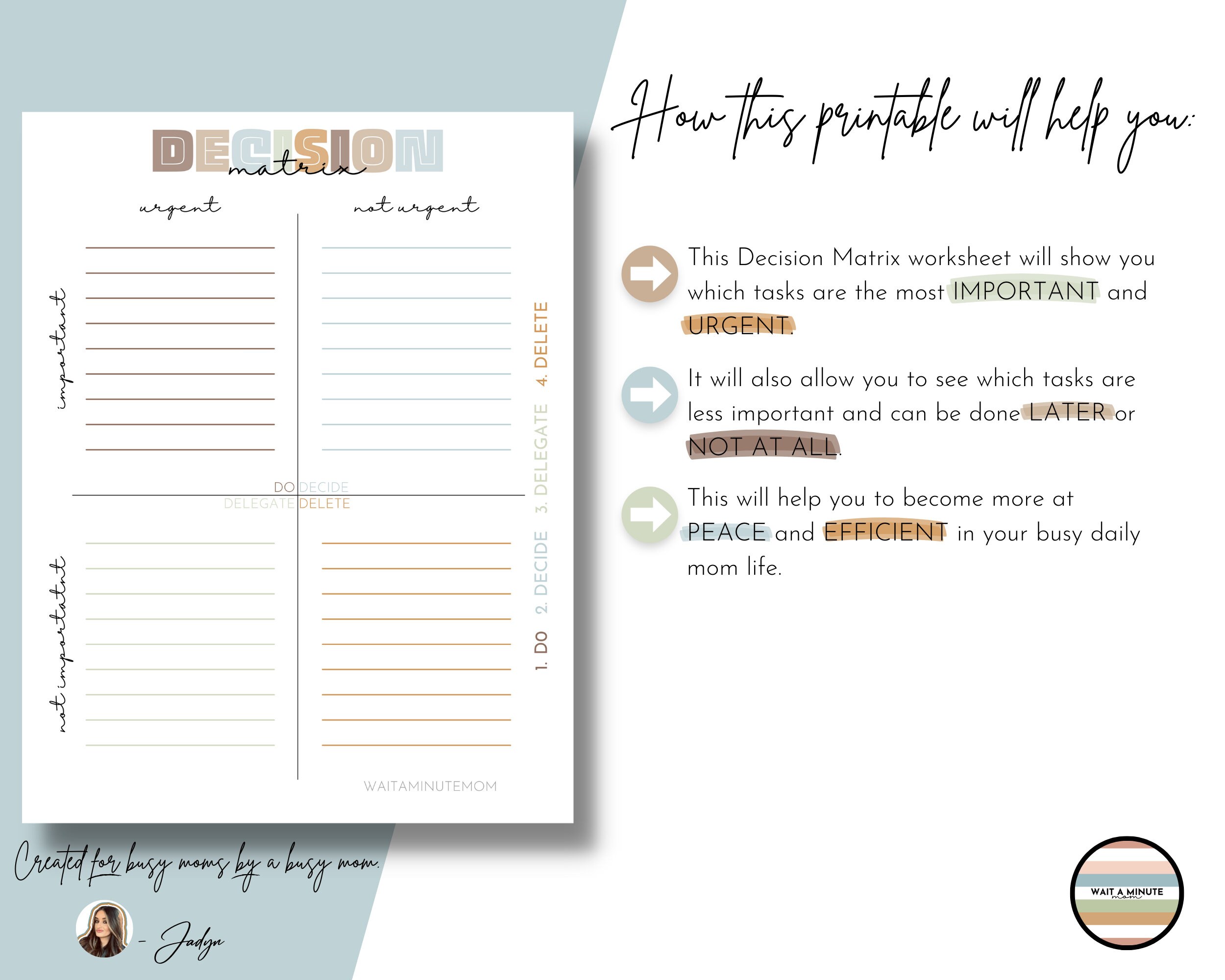 Decision Matrix for Busy Moms Printable, Priority Matrix Worksheet for ...