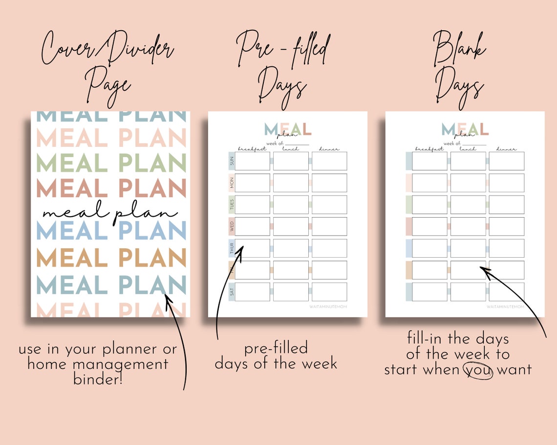 Weekly Meal Plan Printable Bundle, Weekly Menu Chart, Family Menu ...