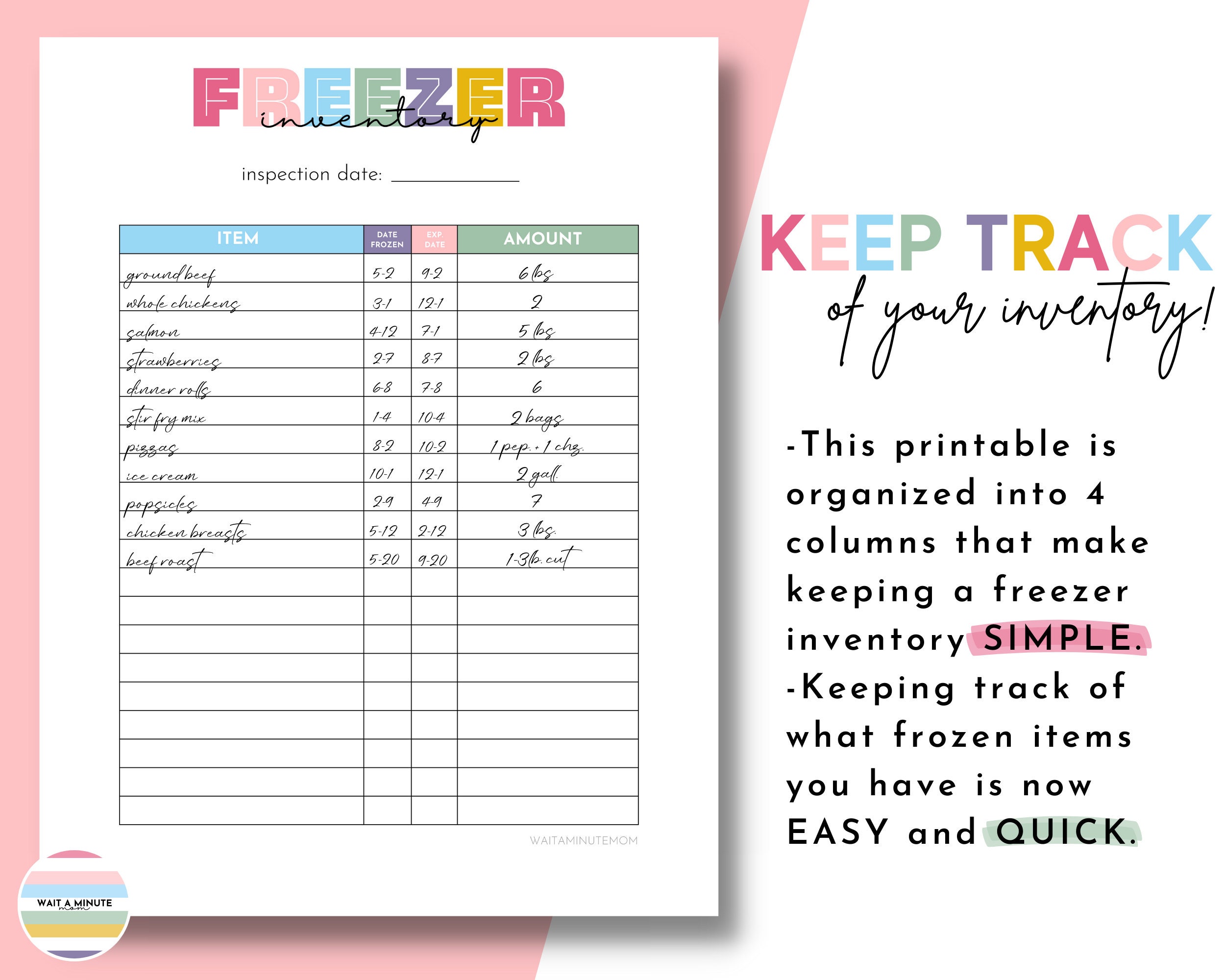 Frozen Food Storage Log Printable for Busy Moms and Homemakers, Simple ...