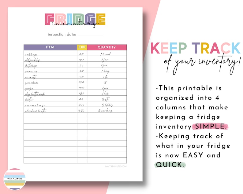 Refrigerator Inventory Log Printable for Kitchen Organization and Meal ...