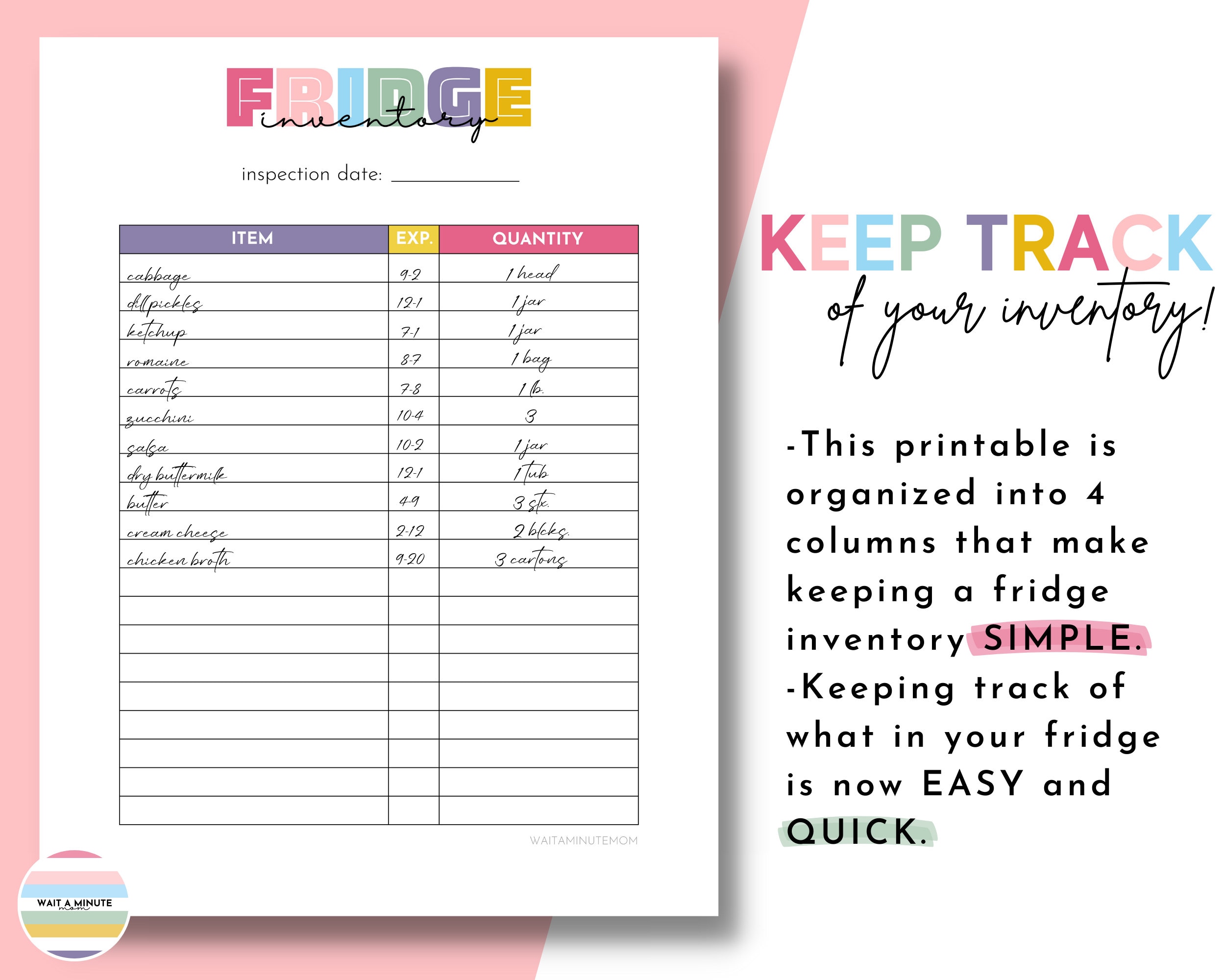 Refrigerator Inventory Log Printable for Kitchen Organization and Meal ...