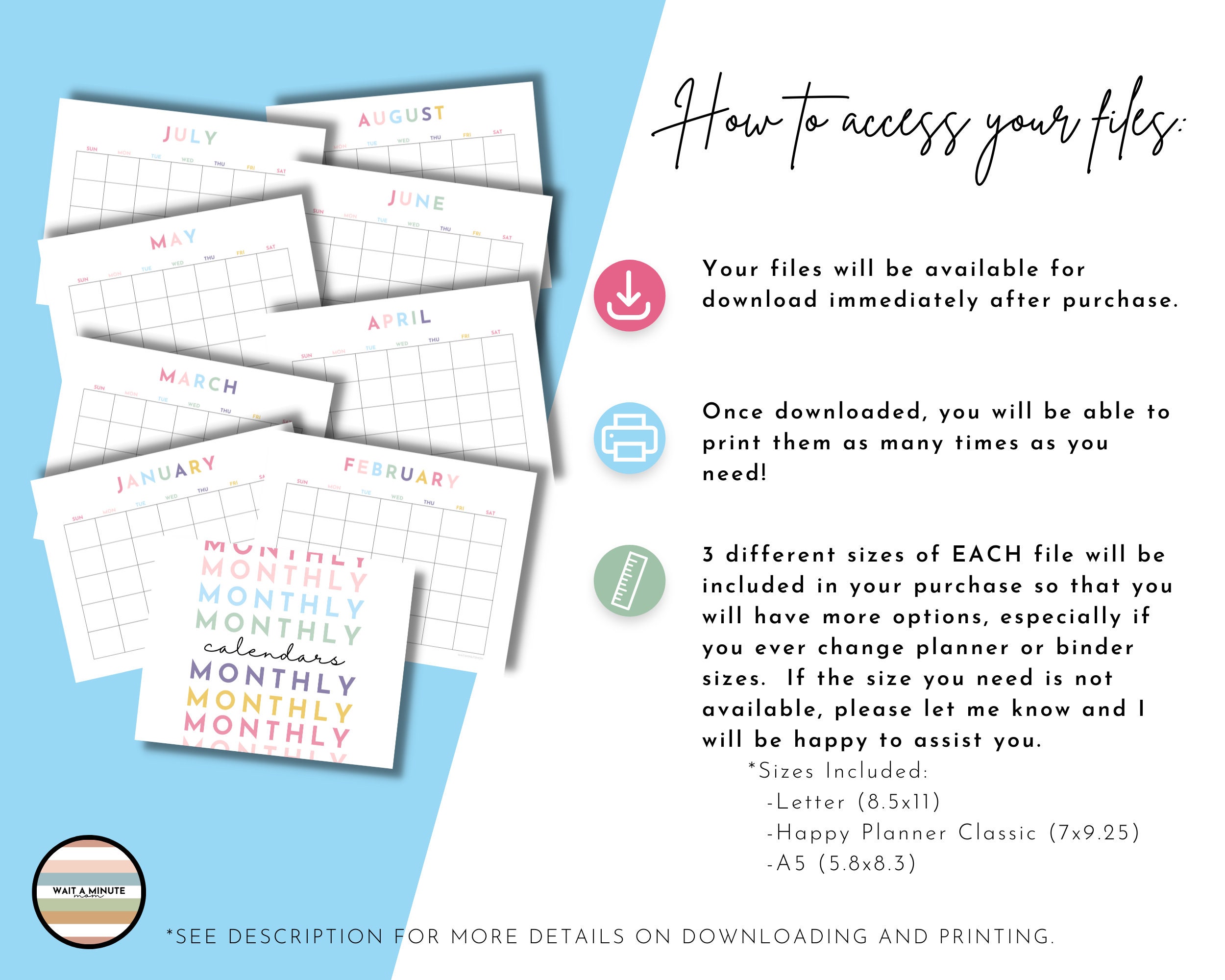 Undated Unlined Blank Monthly Calendar Printables Bundle, Sunday Start ...