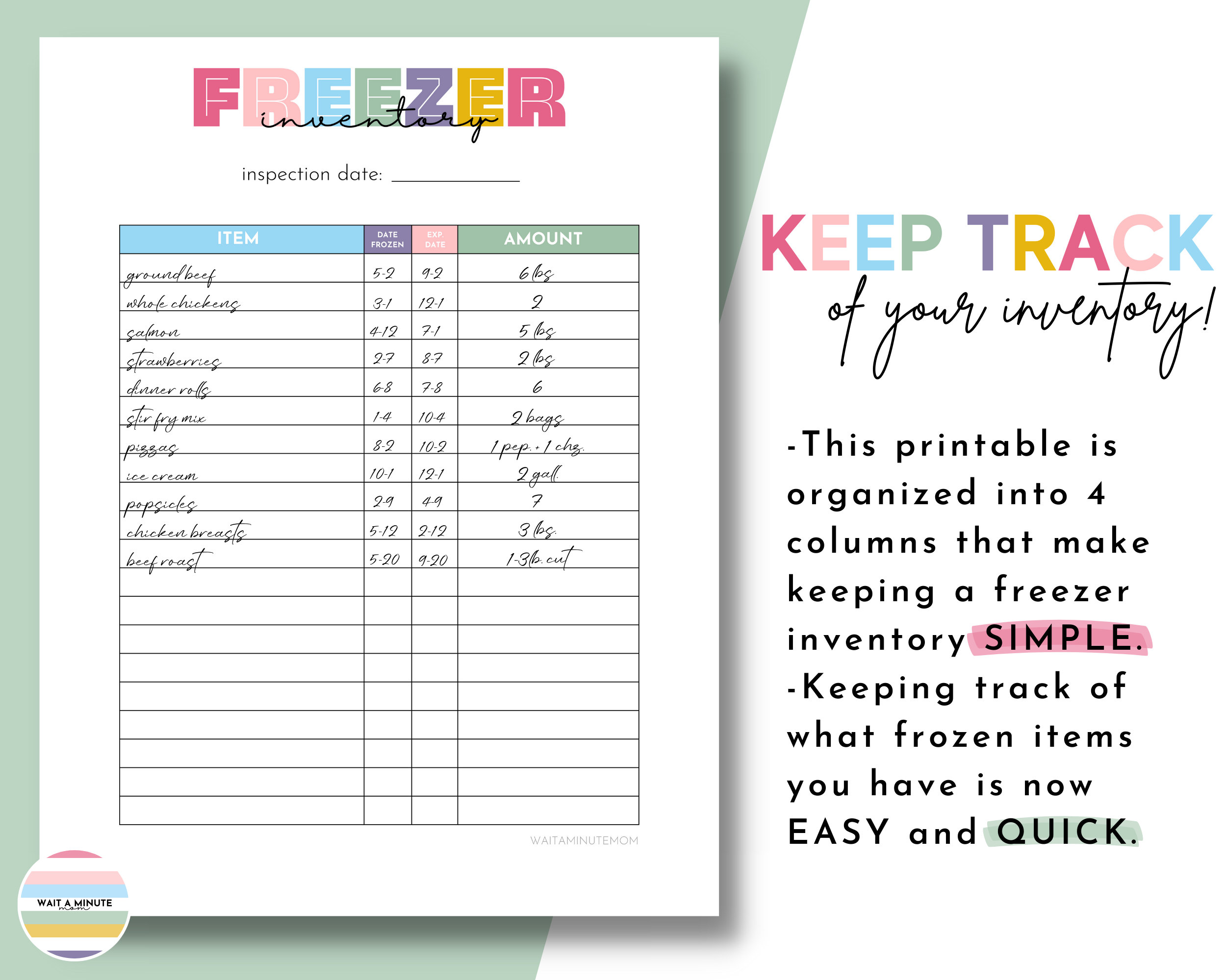 Freezer Contents Log Printable for Spring Cleaning, Simple Freezer ...