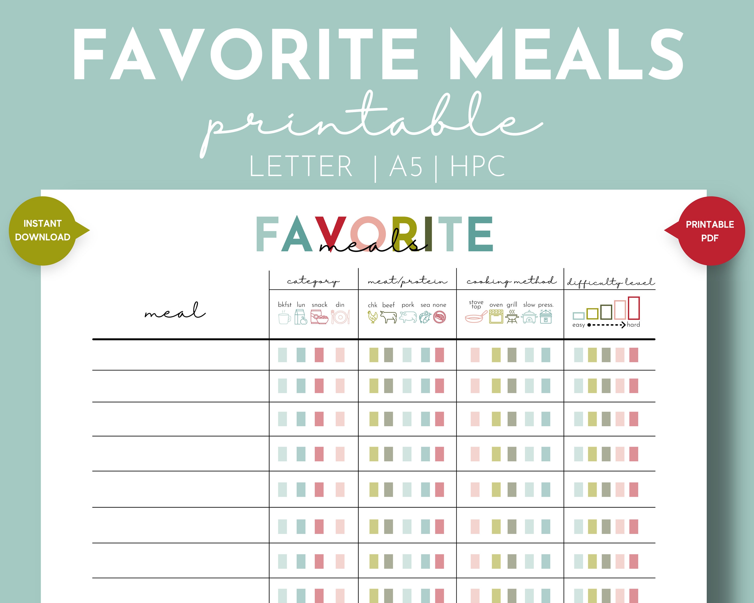 Family Favorite Meals Printable, Favorite Meals List, Go to Meals ...