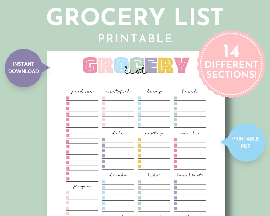 Grocery List Printable With Sections, Organized Grocery Store Checklist ...