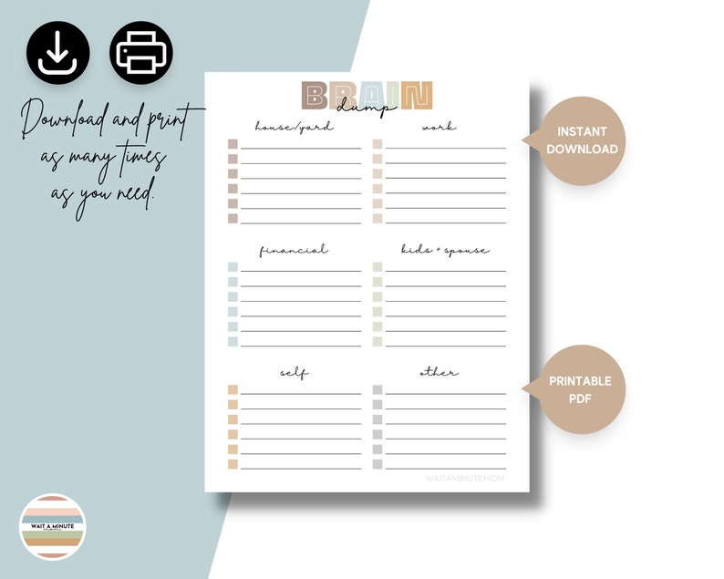 Brain Dump for Busy Moms Printable, Thought Organizer Worksheet, Mind ...