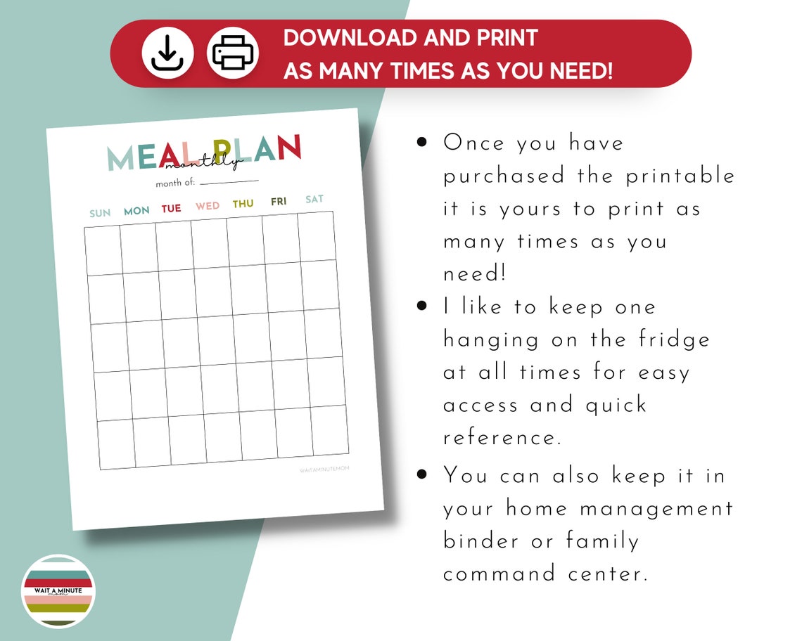Printable Monthly Meal Plan, Meal Plan Calendar, Monthly Menu Plan ...