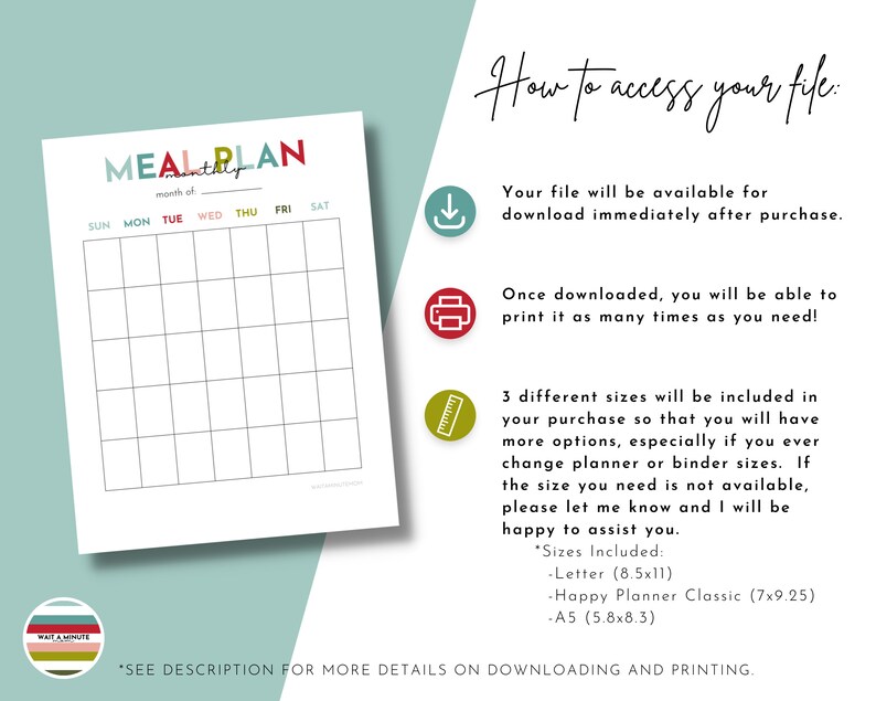 Printable Monthly Meal Plan, Meal Plan Calendar, Monthly Menu Plan ...