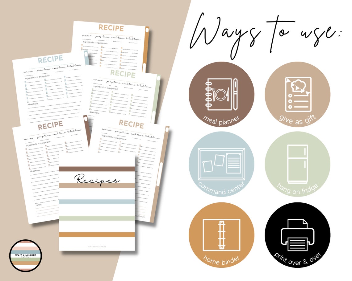 Recipe Pages Neutral Color Palette Printables Blank Recipe - Etsy