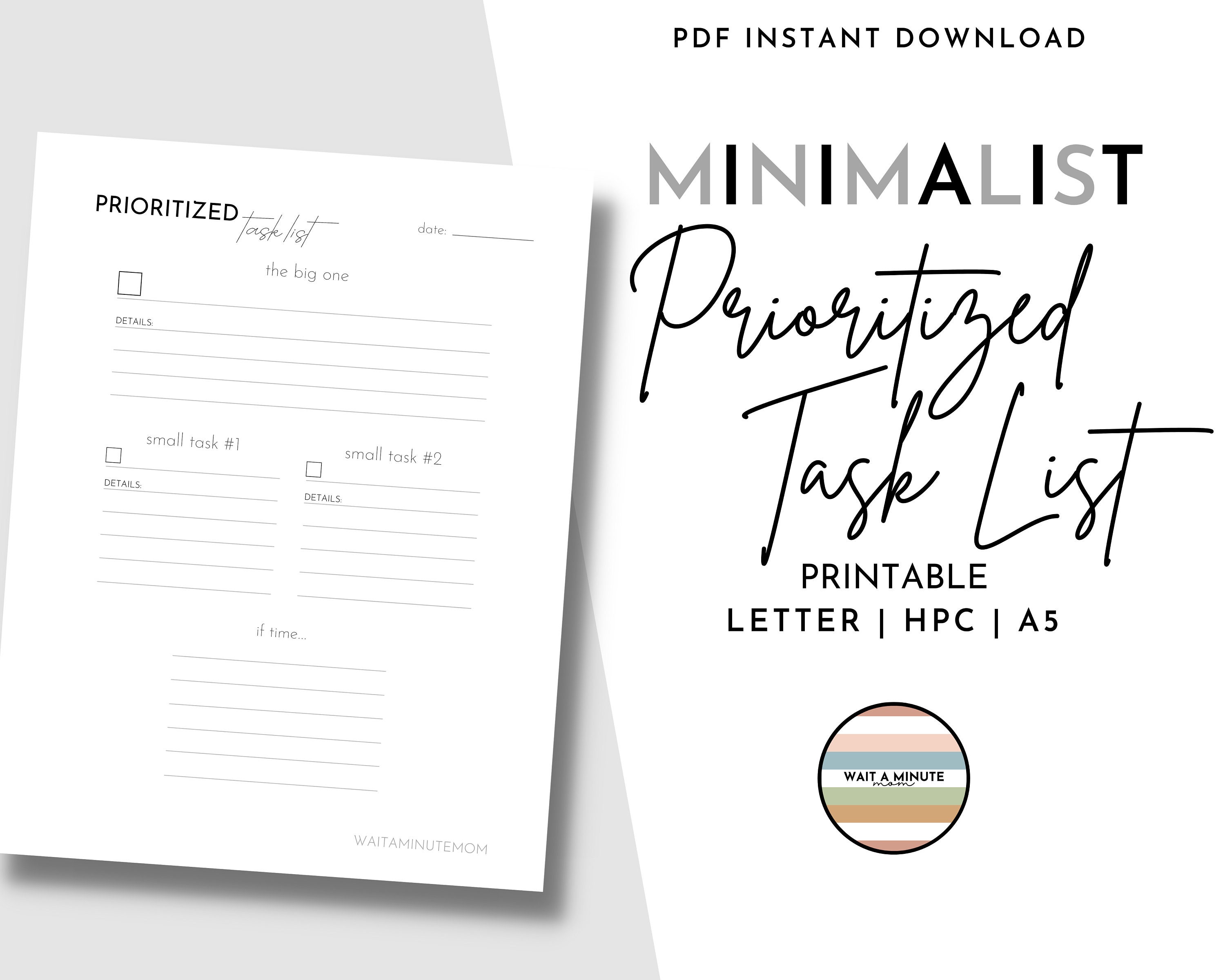 Simple Minimalist Prioritized Task List Printable, Daily to Do List, to ...
