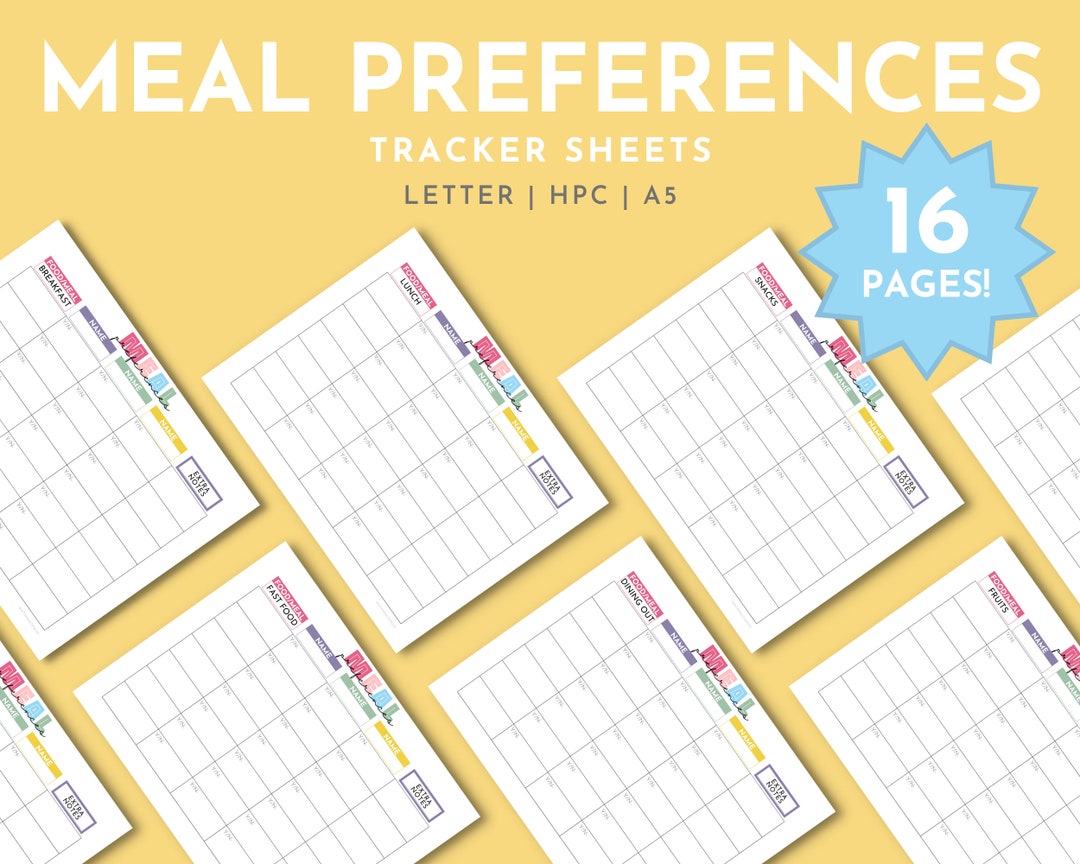 Kids' Meal Preferences Tracker Sheets, Meal Preferences Chart for ...