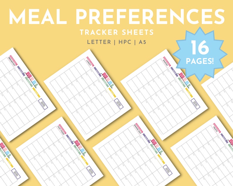 Kids' Meal Preferences Tracker Sheets, Meal Preferences Chart for ...