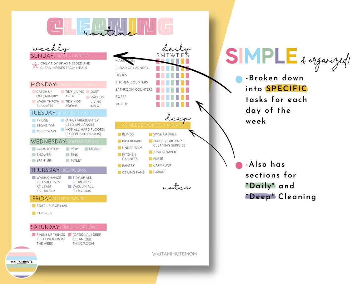 Simple Weekly Cleaning Routine Printable, Busy Mom Cleaning Checklist ...