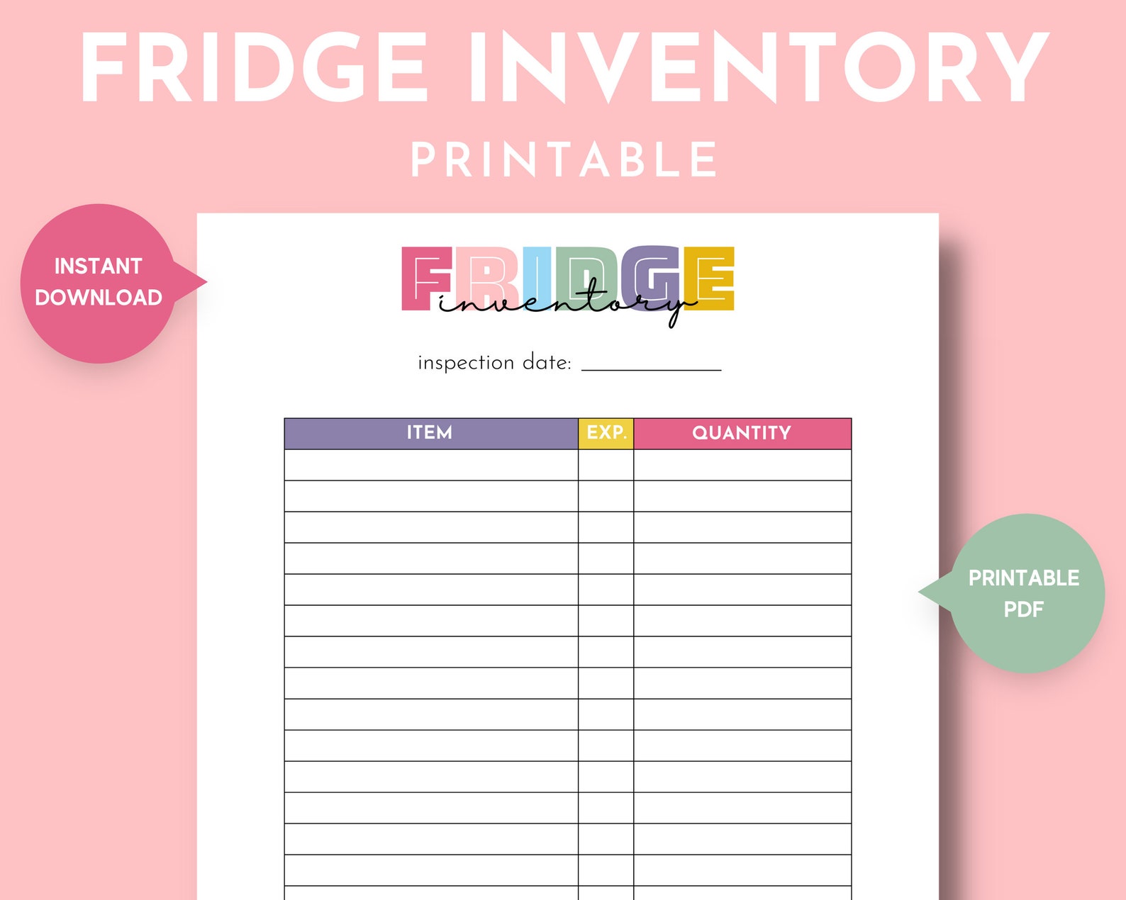 Refrigerator Inventory Log Printable for Kitchen Organization and Meal ...