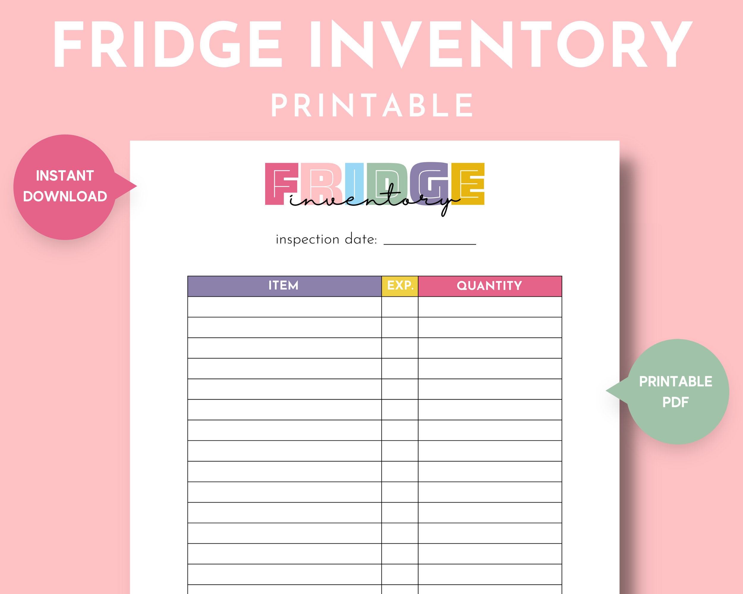 Refrigerator Inventory Log Printable for Kitchen Organization and Meal ...