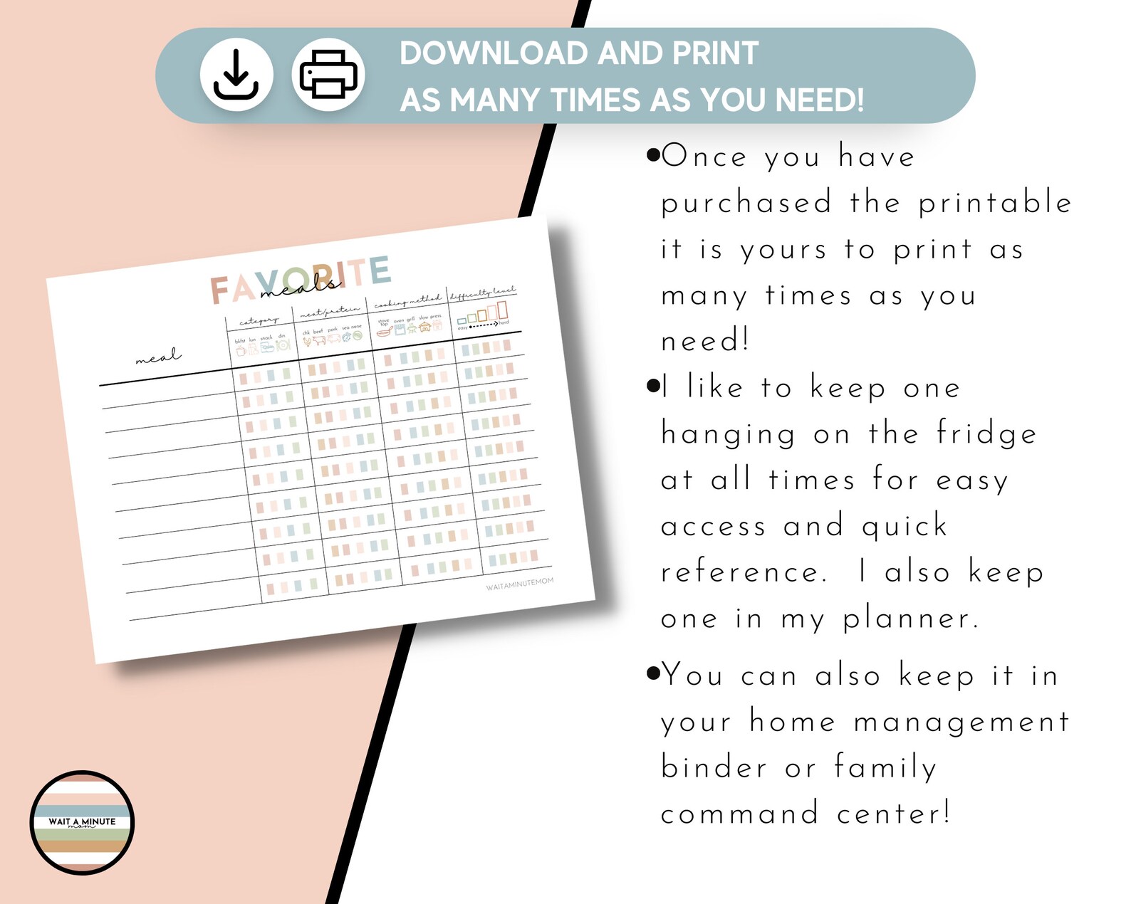 Family Favorite Meals List Printable, Organized Go to Meal Ideas Chart ...