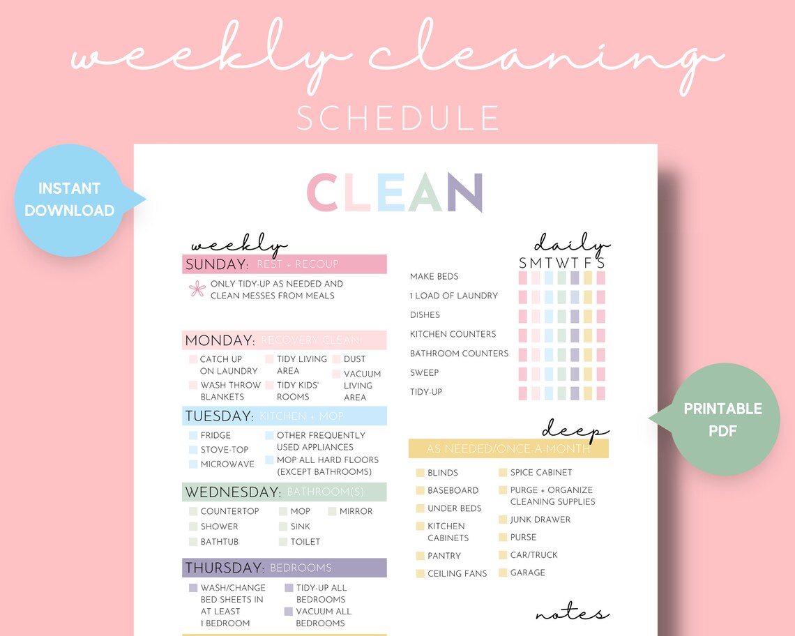 Simple Weekly Cleaning Schedule Printable Busy Mom Cleaning - Etsy