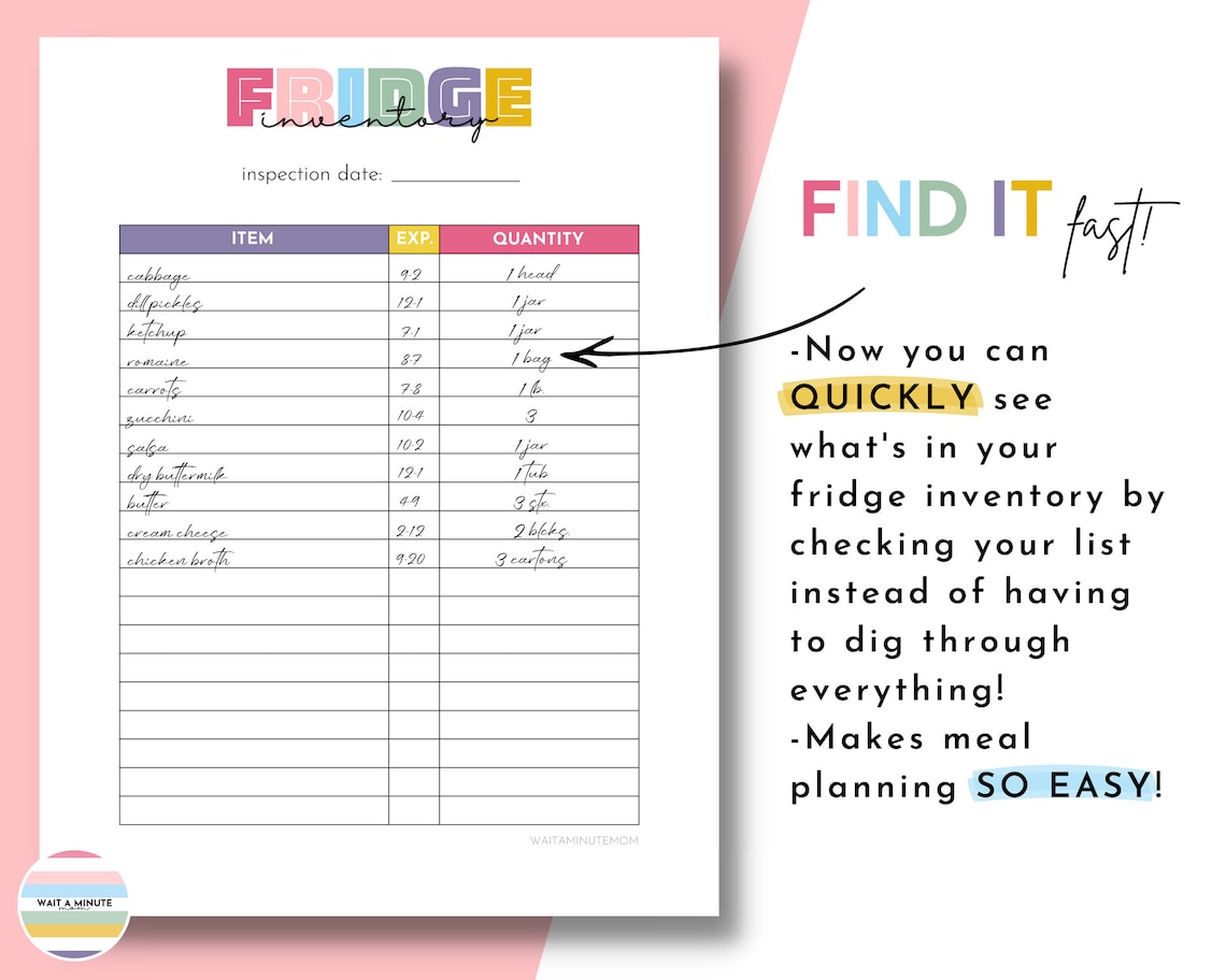 Refrigerator Inventory Log Printable for Kitchen Organization and Meal ...