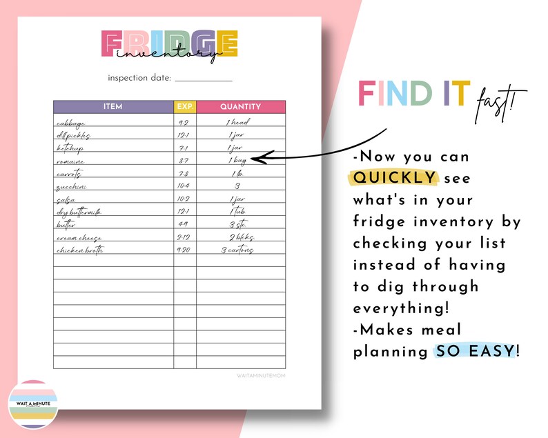 Refrigerator Inventory Log Printable for Kitchen Organization and Meal ...