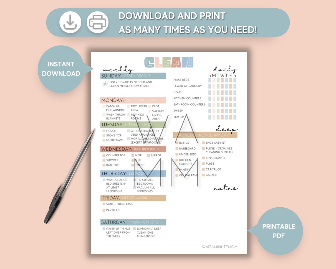 Weekly Cleaning Schedule Printable for Busy Moms Cleaning - Etsy