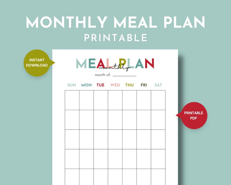 Printable Monthly Meal Plan, Meal Plan Calendar, Monthly Menu Plan ...