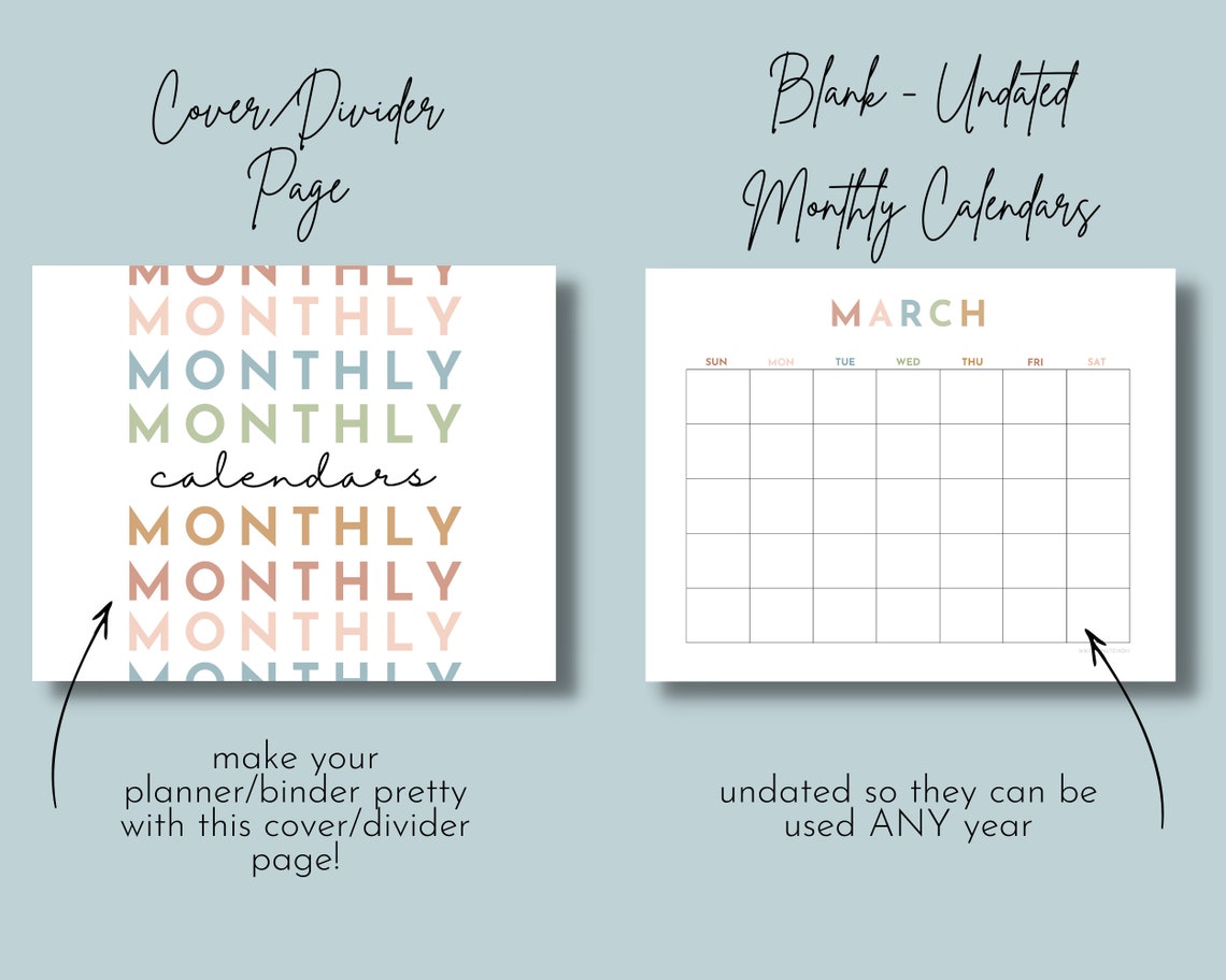 Blank Undated Unlined Monthly Calendar Printables Bundle - Etsy