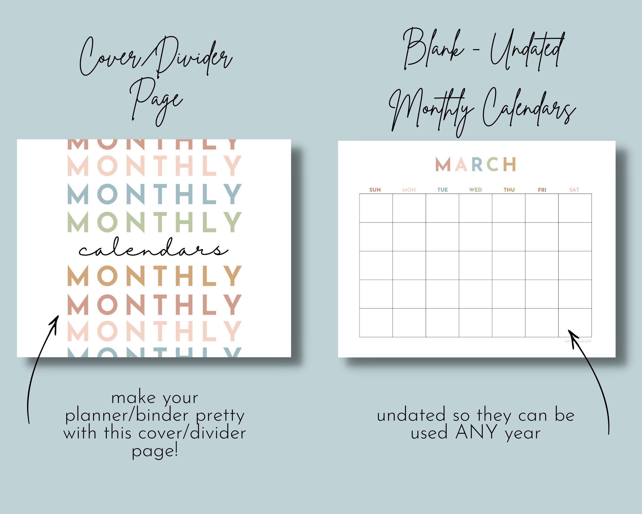 Blank Undated Unlined Monthly Calendar Printables Bundle, Sunday Start ...