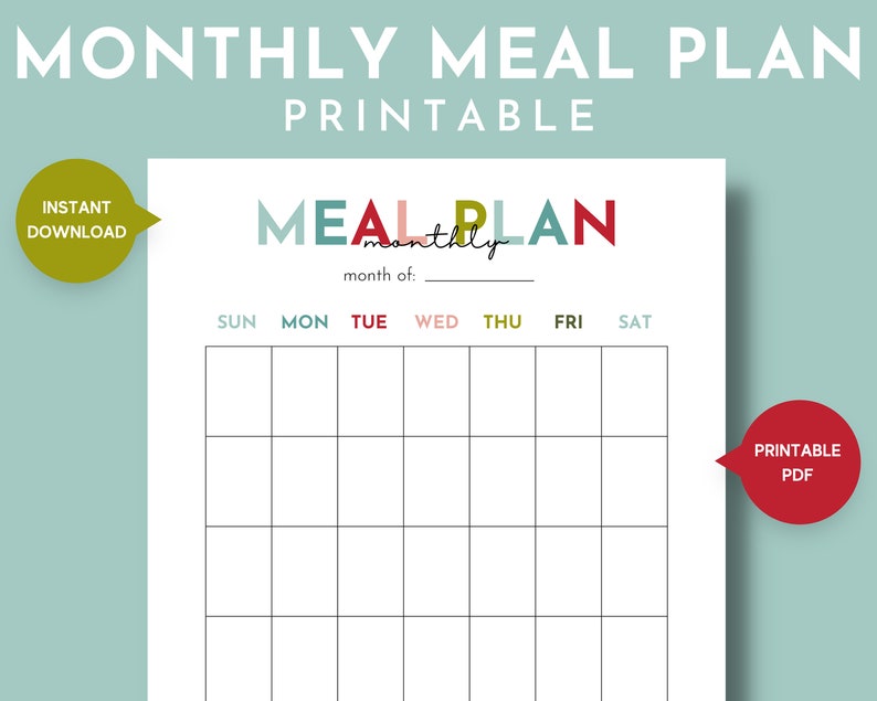 Printable Monthly Meal Plan, Meal Plan Calendar, Monthly Menu Plan ...
