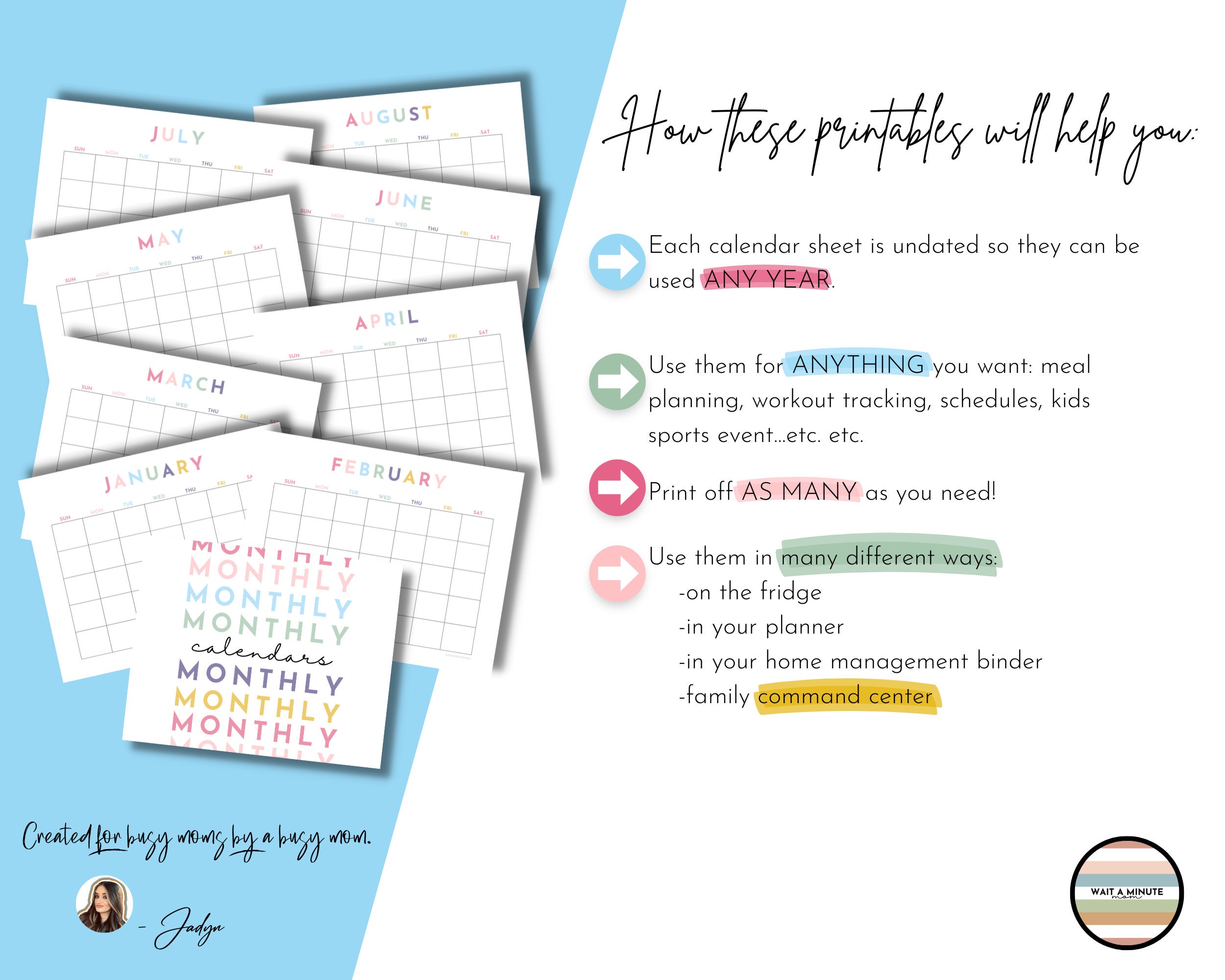 Undated Unlined Blank Monthly Calendar Printables Bundle, Sunday Start ...