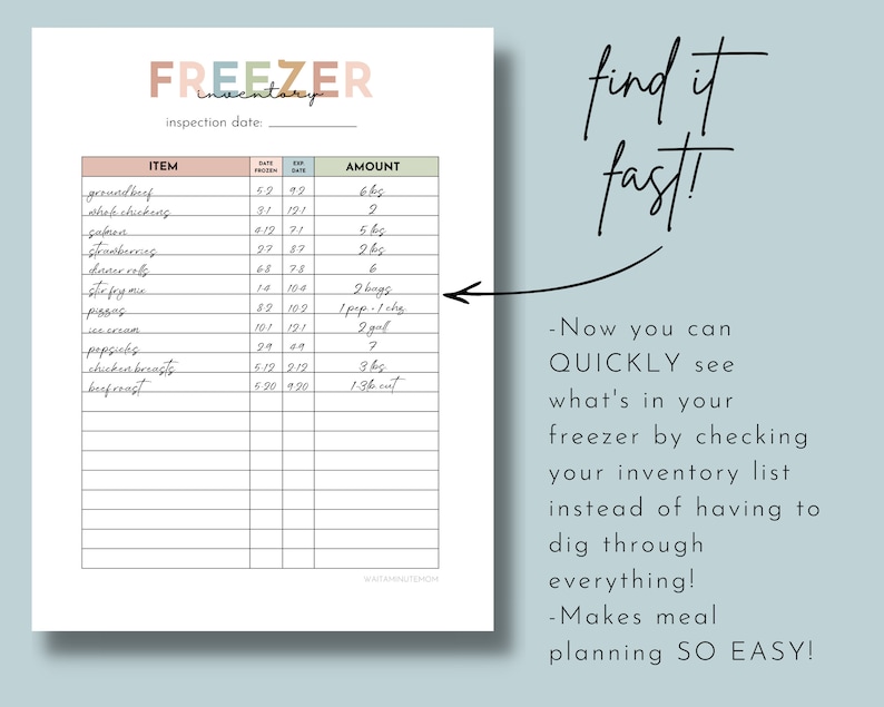Freezer Inventory Printable, Simple Freezer Contents Tracker, Frozen ...