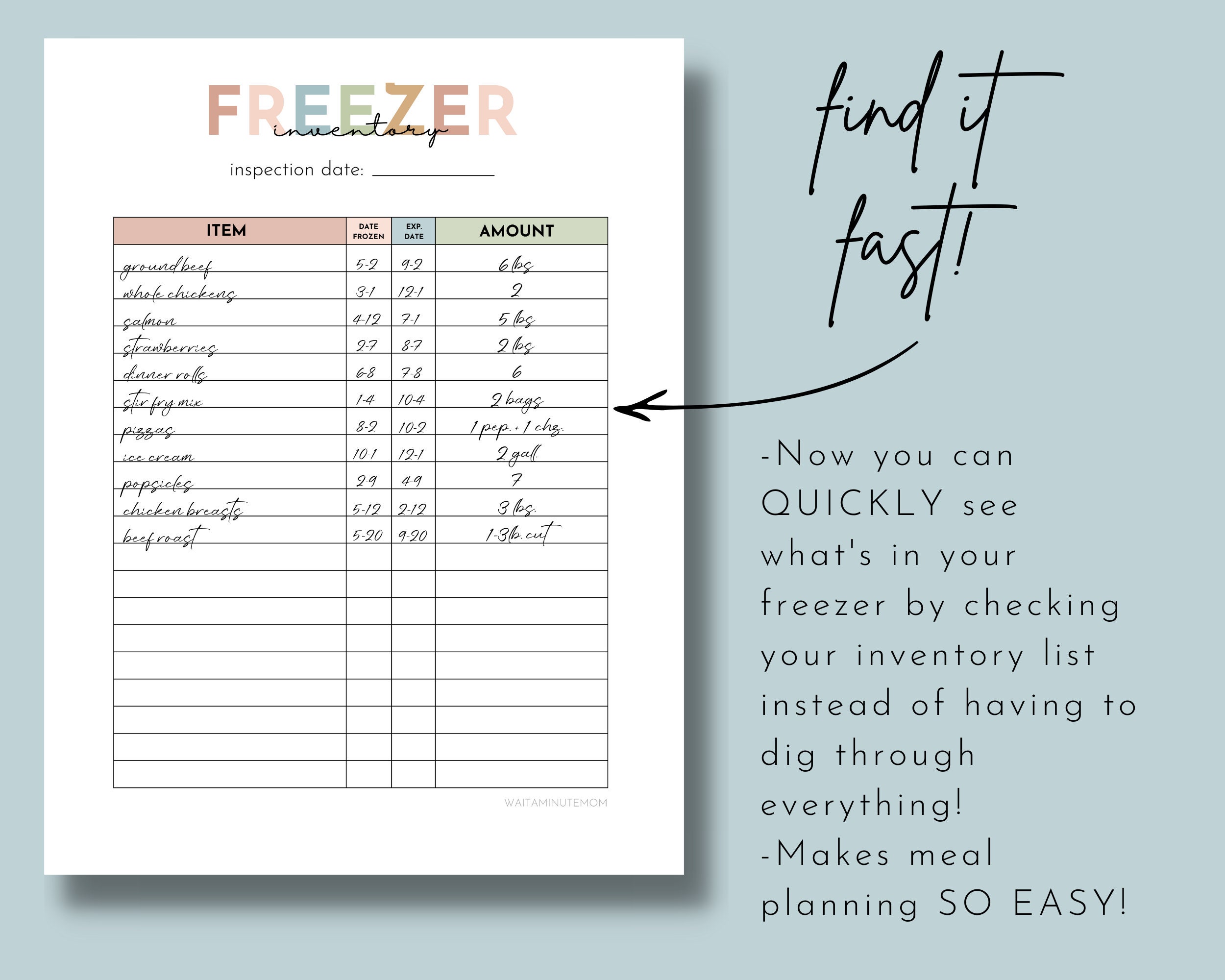 Freezer Inventory Printable, Simple Freezer Contents Tracker, Frozen ...