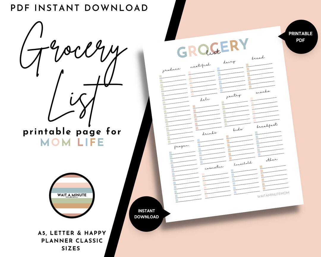 Grocery Shopping List Printable With Categories, Weekly Food List ...
