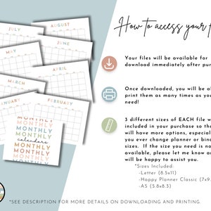Blank Undated Unlined Monthly Calendar Printables Bundle, Sunday Start ...