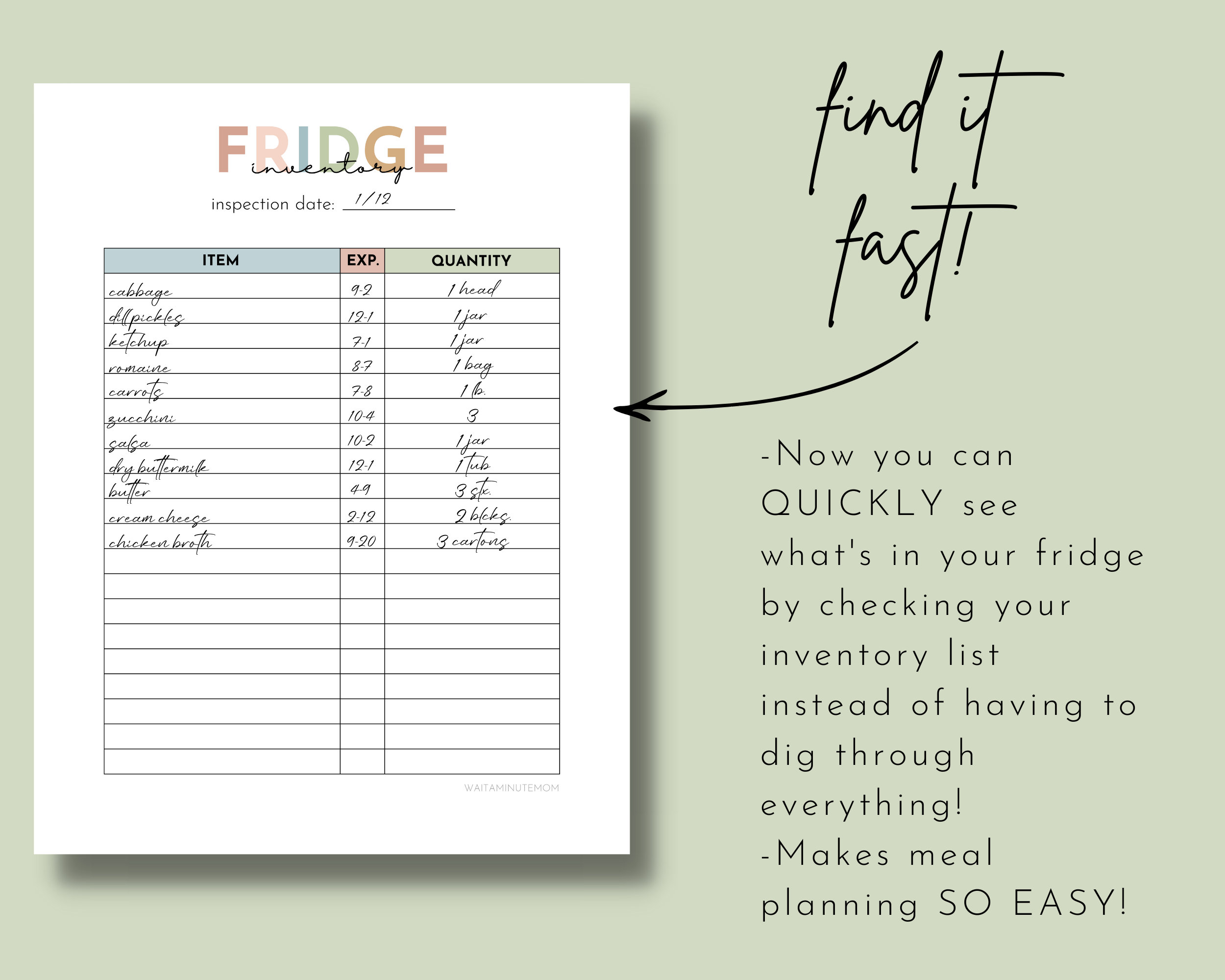 Simple Fridge Inventory List Printable, Fridge Contents Tracker, Family ...