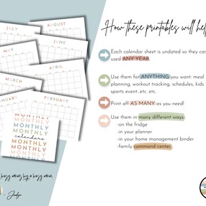 Blank Undated Unlined Monthly Calendar Printables Bundle, Sunday Start ...
