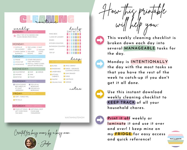 Simple Weekly Cleaning Schedule Printable, Busy Mom Cleaning Checklist ...