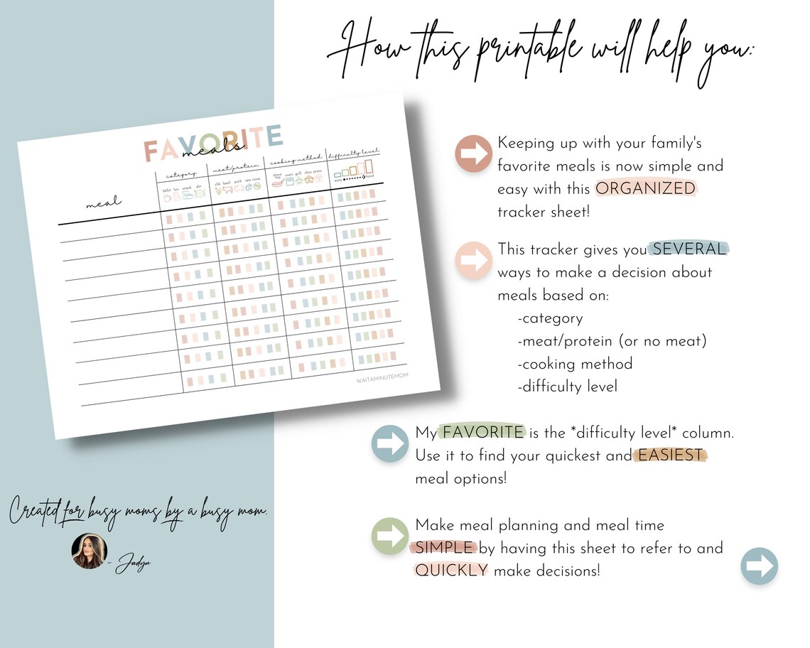 Family Favorite Meals Printable, Organized Go to Meal Ideas List ...