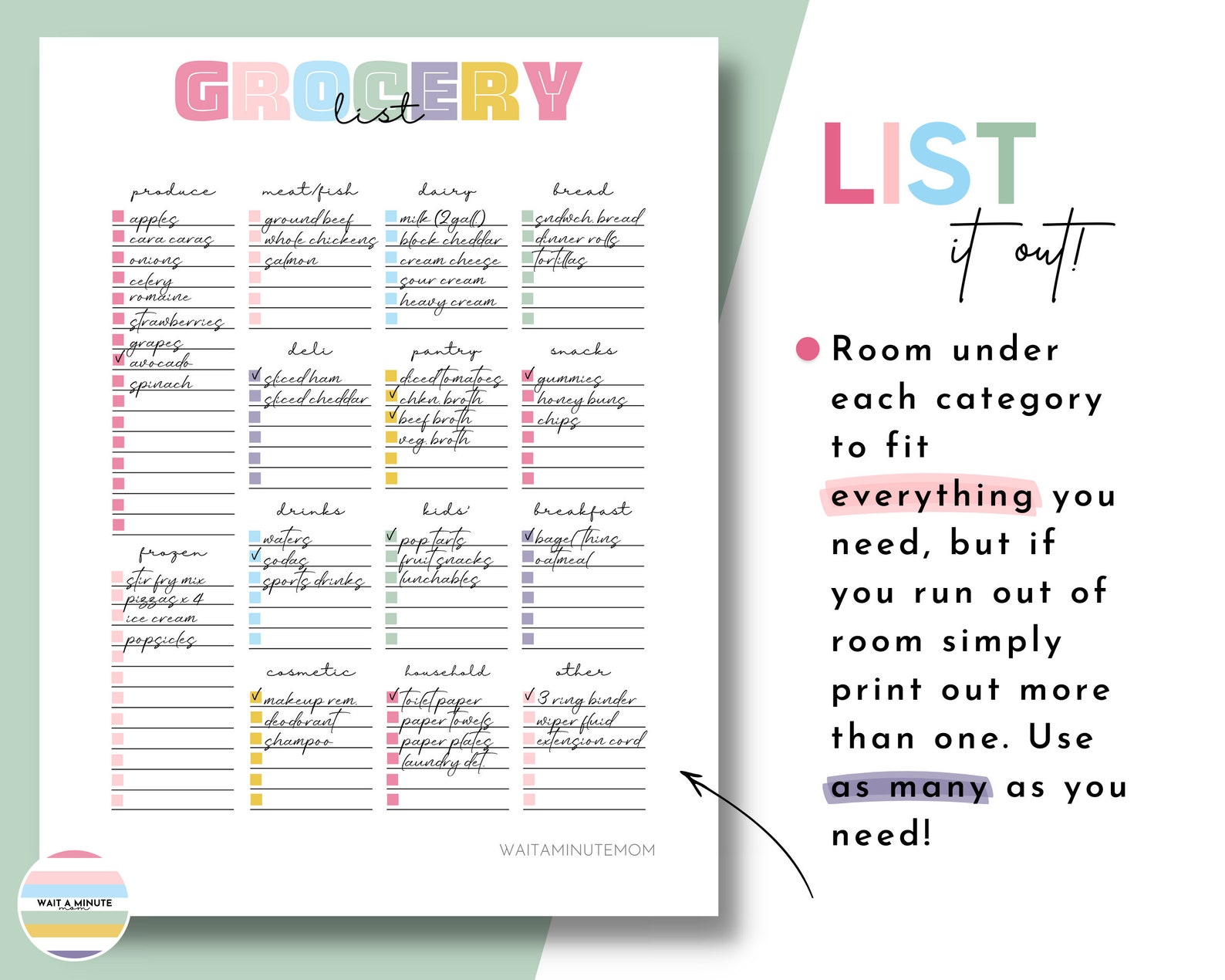 Grocery List Printable With Sections, Organized Grocery Store Checklist ...