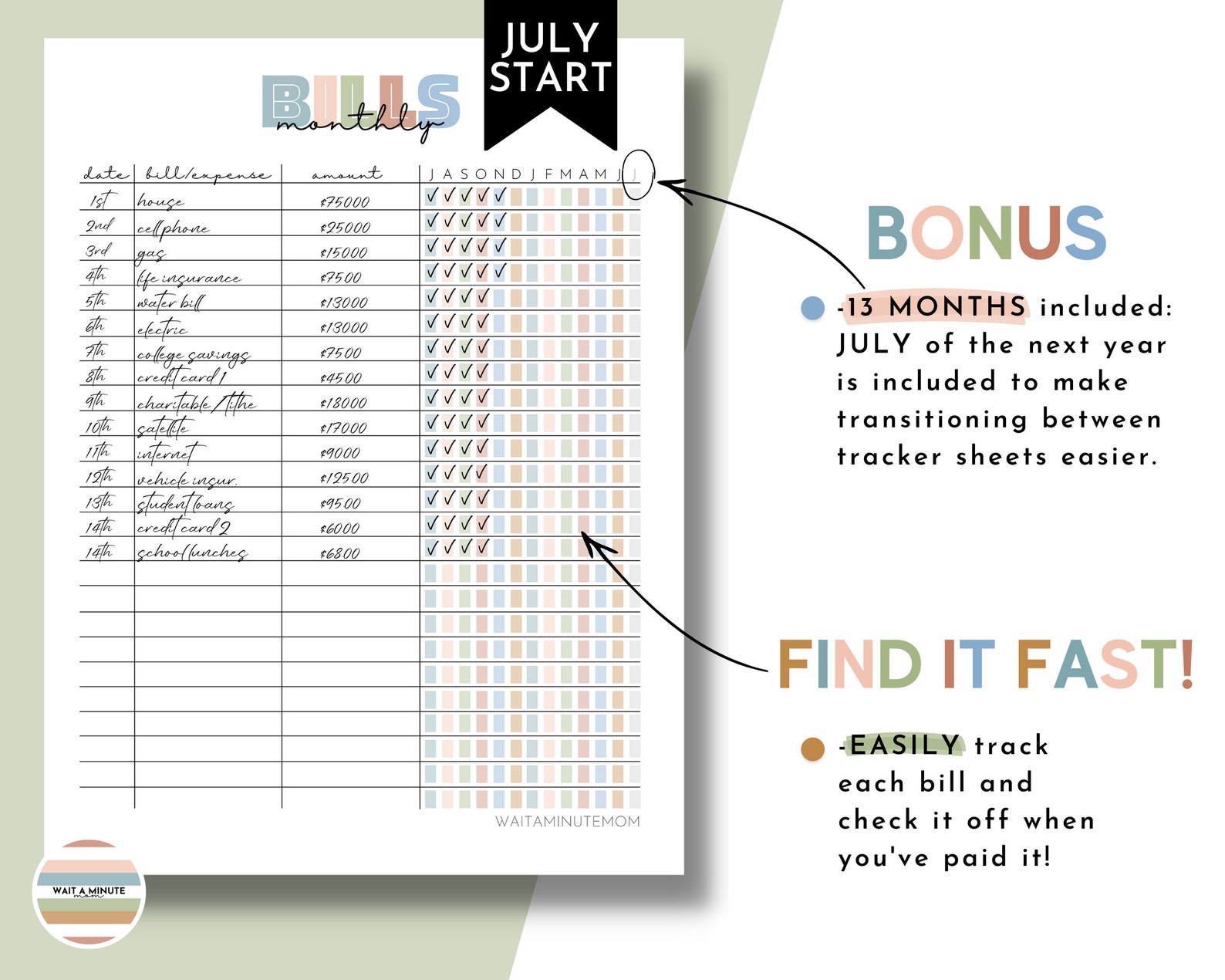 Monthly Bill Tracker Printable JULY START, Monthly Expenses Tracker ...