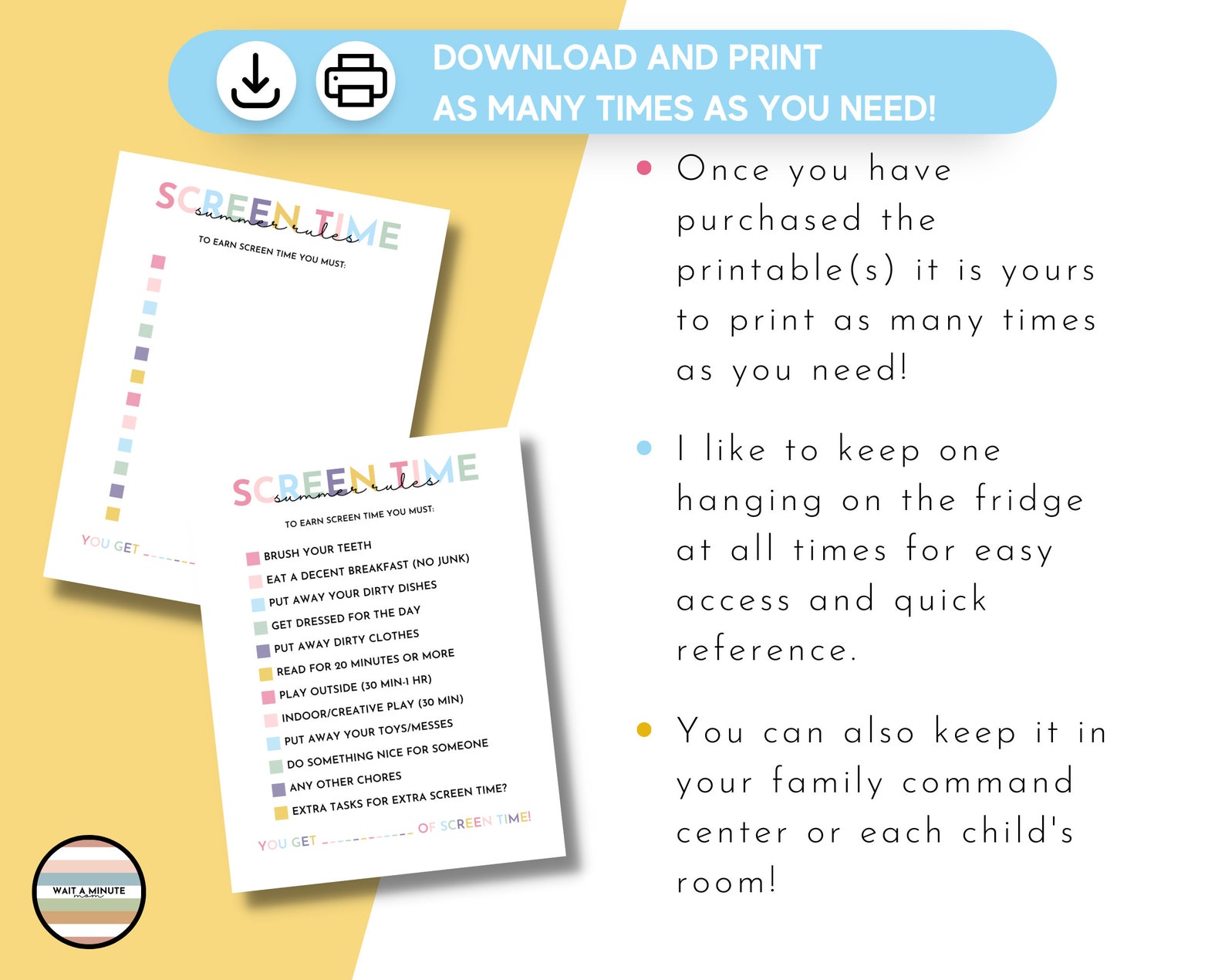 Summer Screen Time Rules Checklist Printable, Screen Time Chart, Earn ...