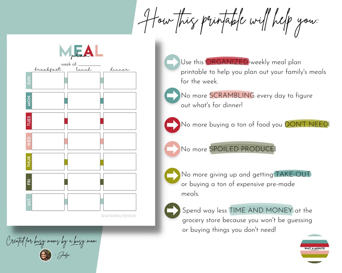 Printable Weekly Meal Plan, Simple Weekly Menu Plan Chart, Weekly ...