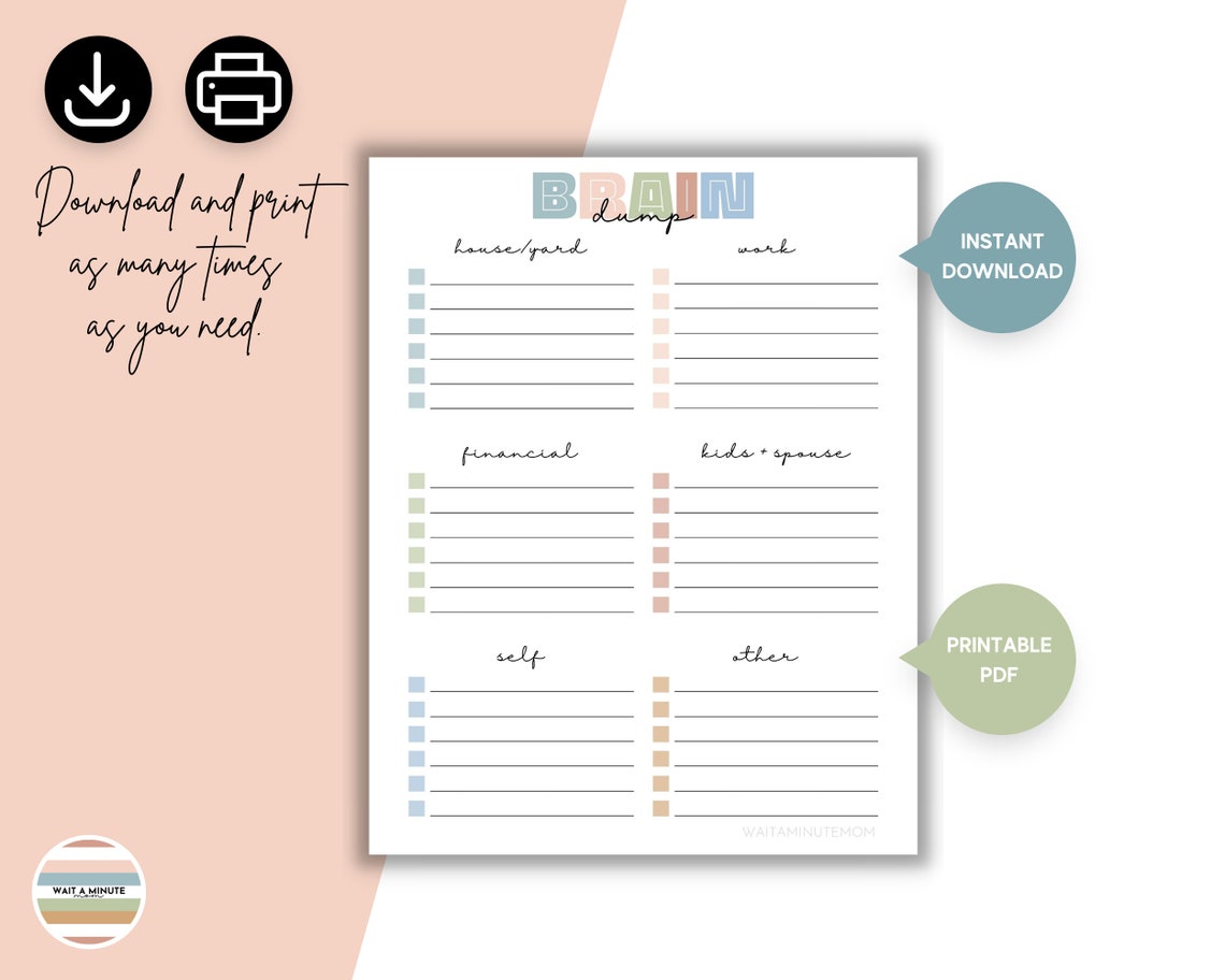 Brain Dump Printable, Thought Organizer Worksheet for Busy Moms, Task ...