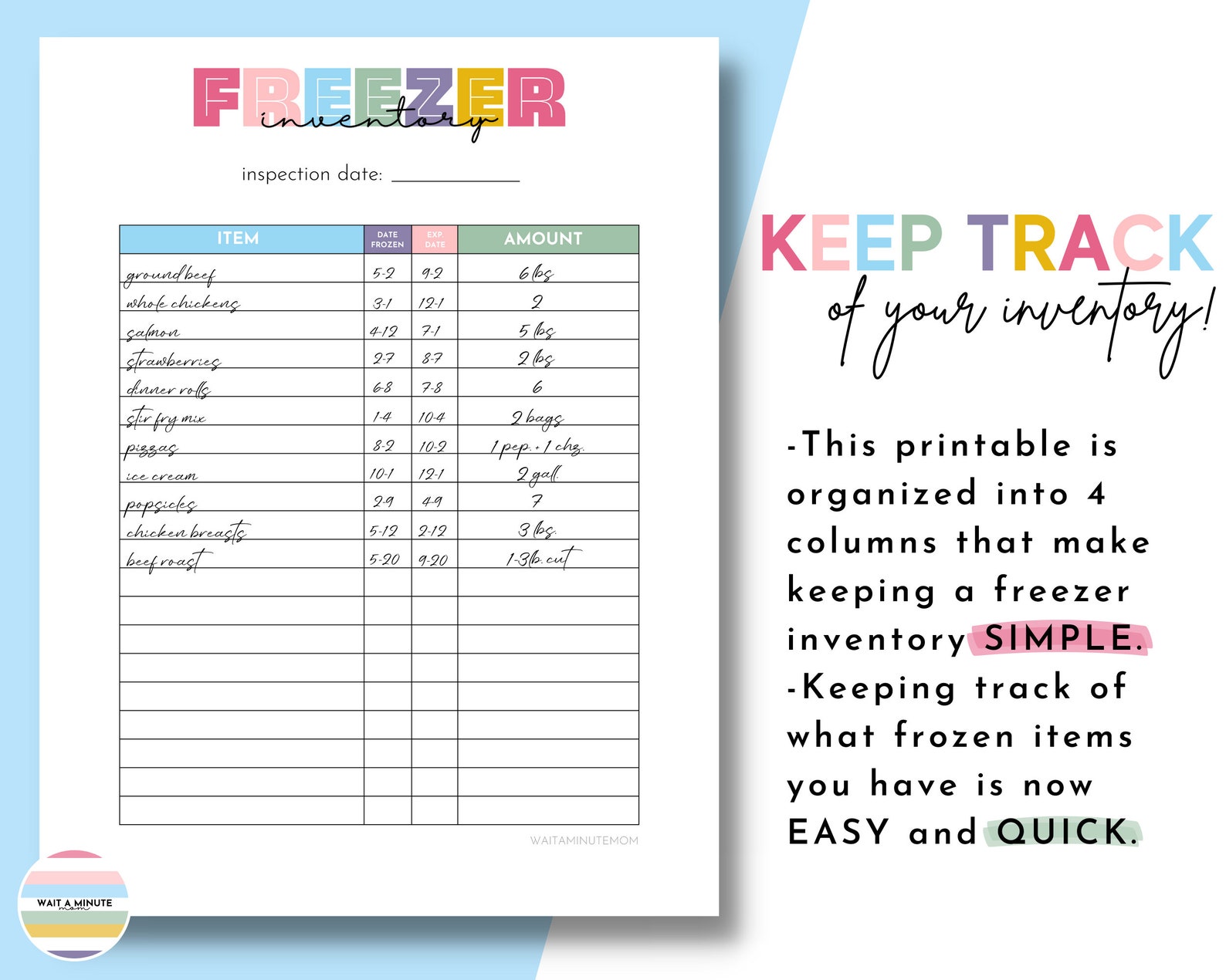 Freezer Inventory Log Printable, Simple Freezer Contents Tracker ...