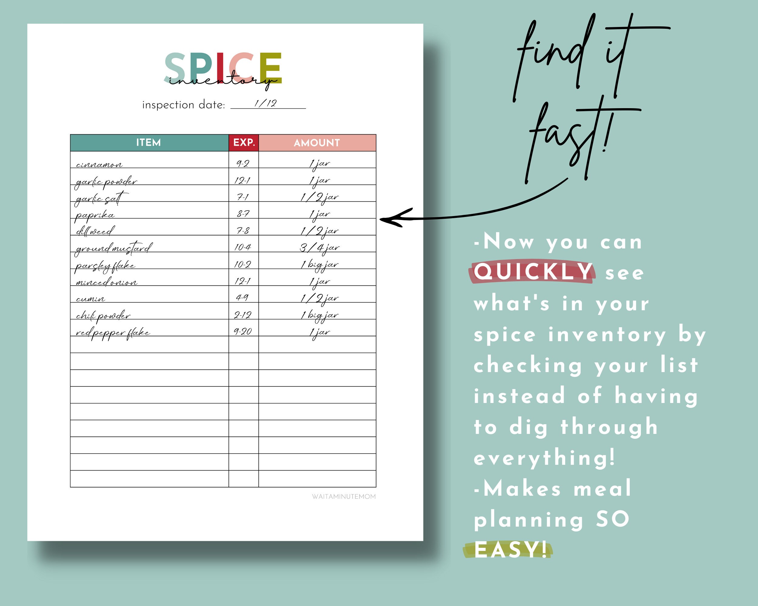 Printable Spice Inventory, Herbs and Spices List, Kitchen Inventory ...