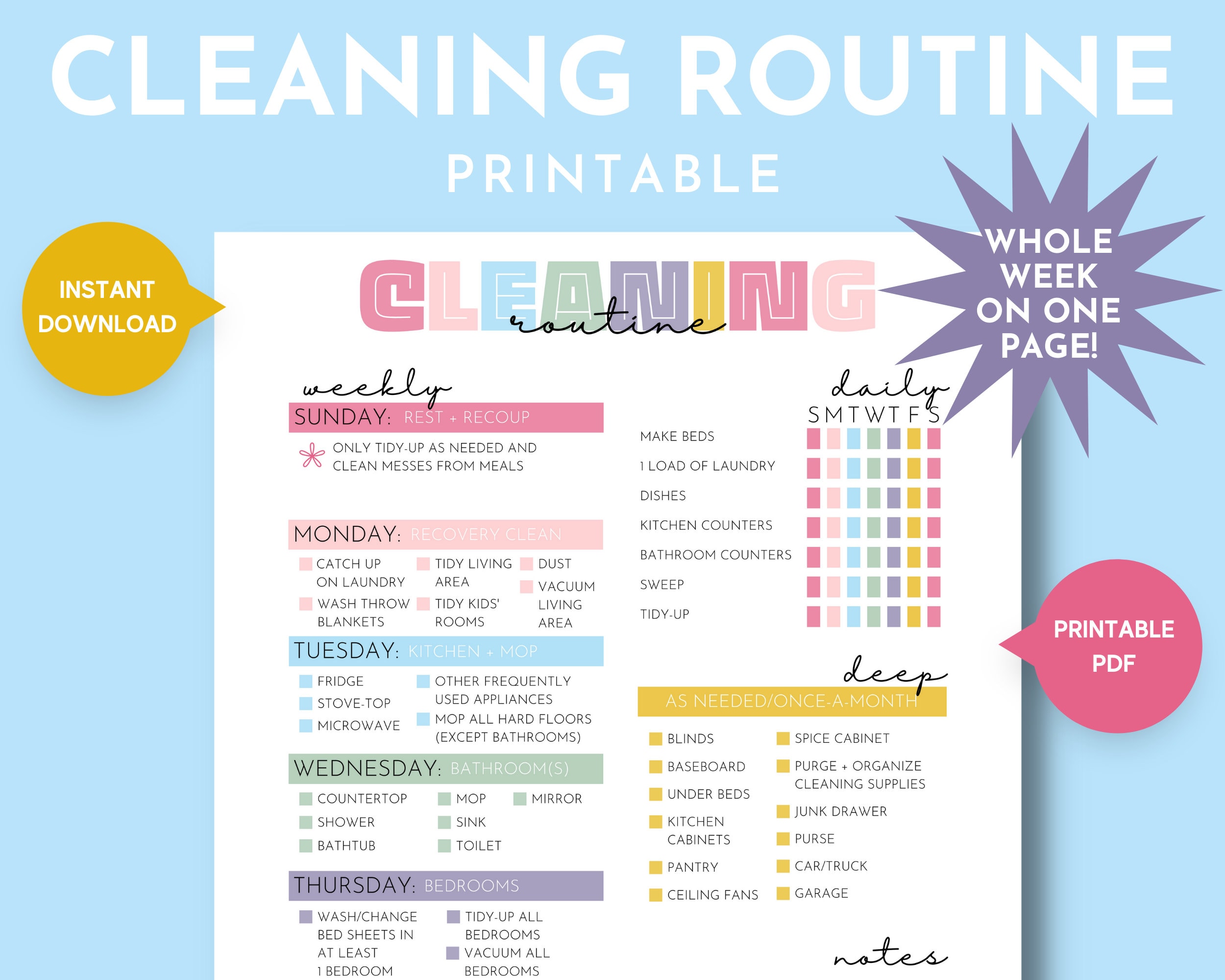 Easy Weekly Cleaning Schedule Printable, Busy Mom Cleaning Checklist ... Easy Weekly Cleaning Schedule Printable, Busy Mom Cleaning Checklist ...